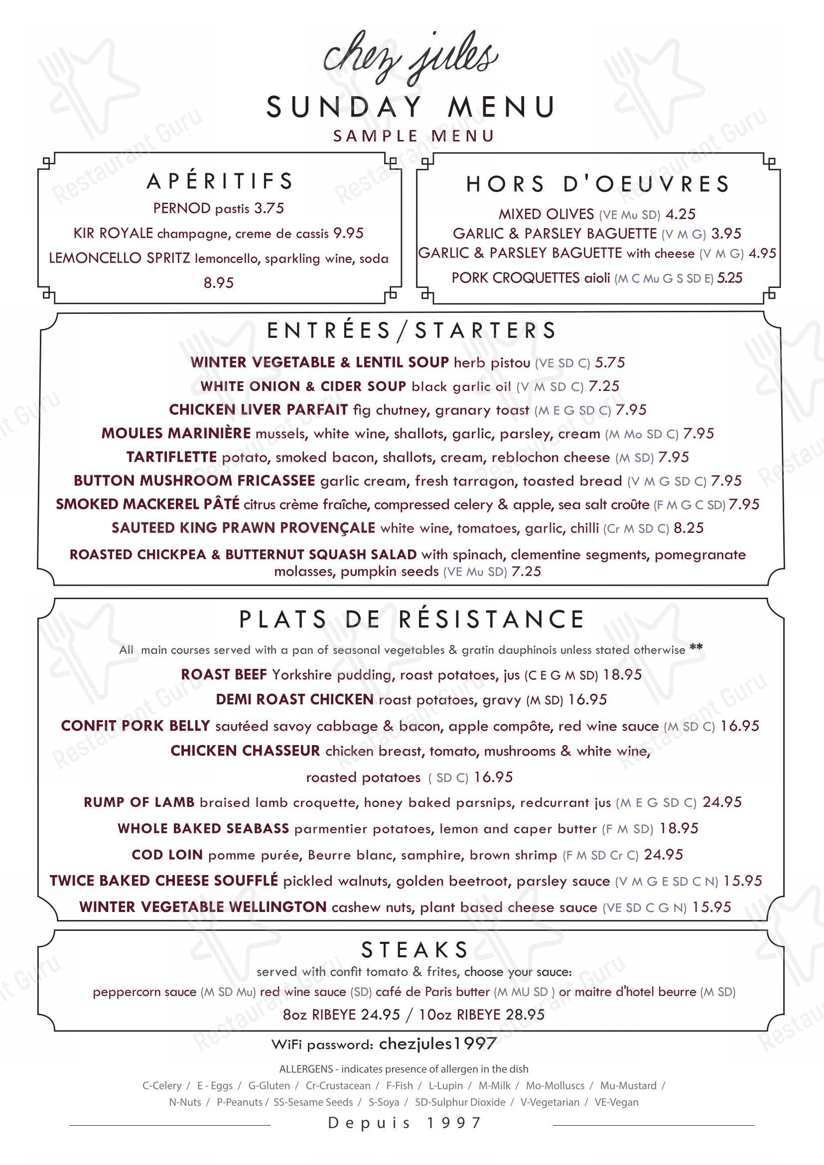 Menu at Chez Jules in Chester restaurant, Chester
