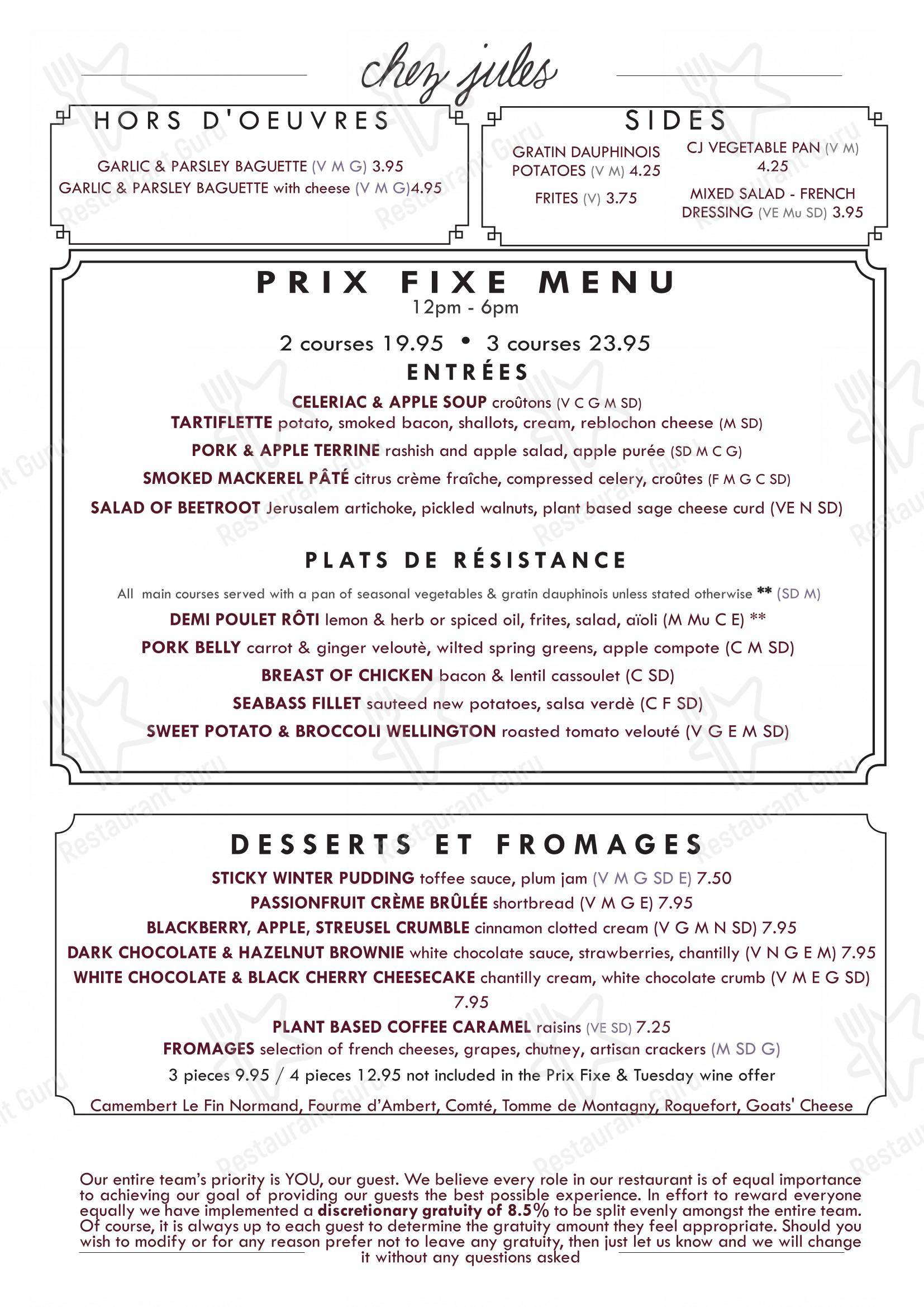 Menu at Chez Jules in Chester restaurant, Chester