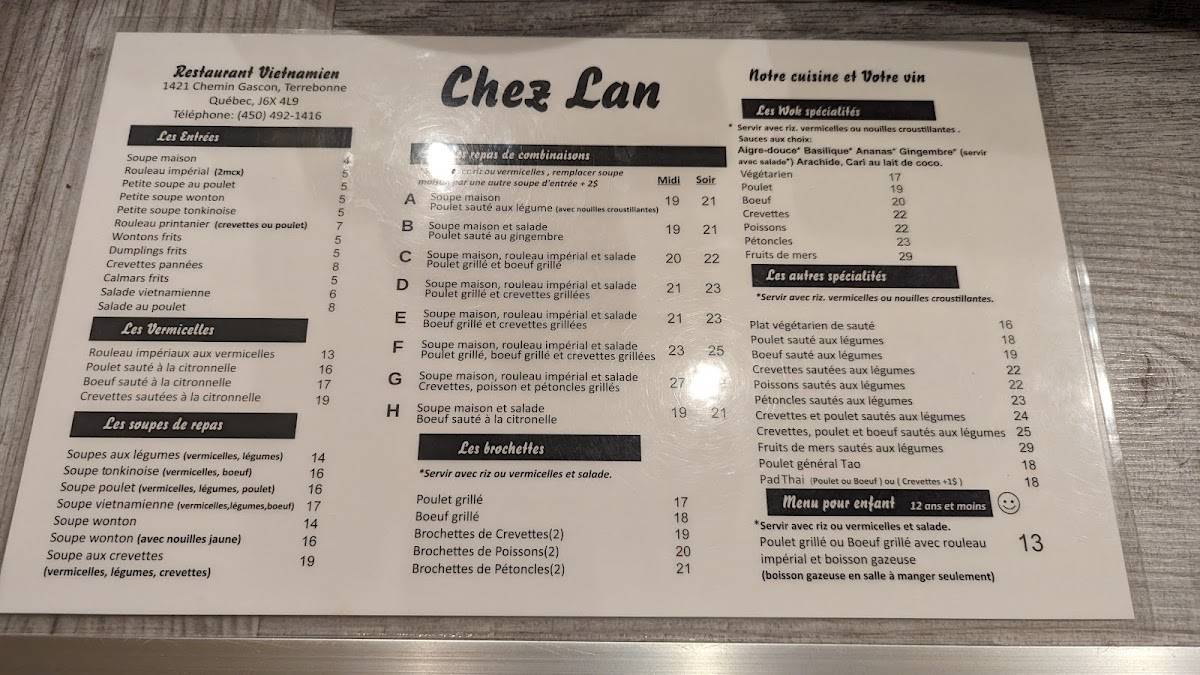 Menu au Chez Lan restaurant, Terrebonne