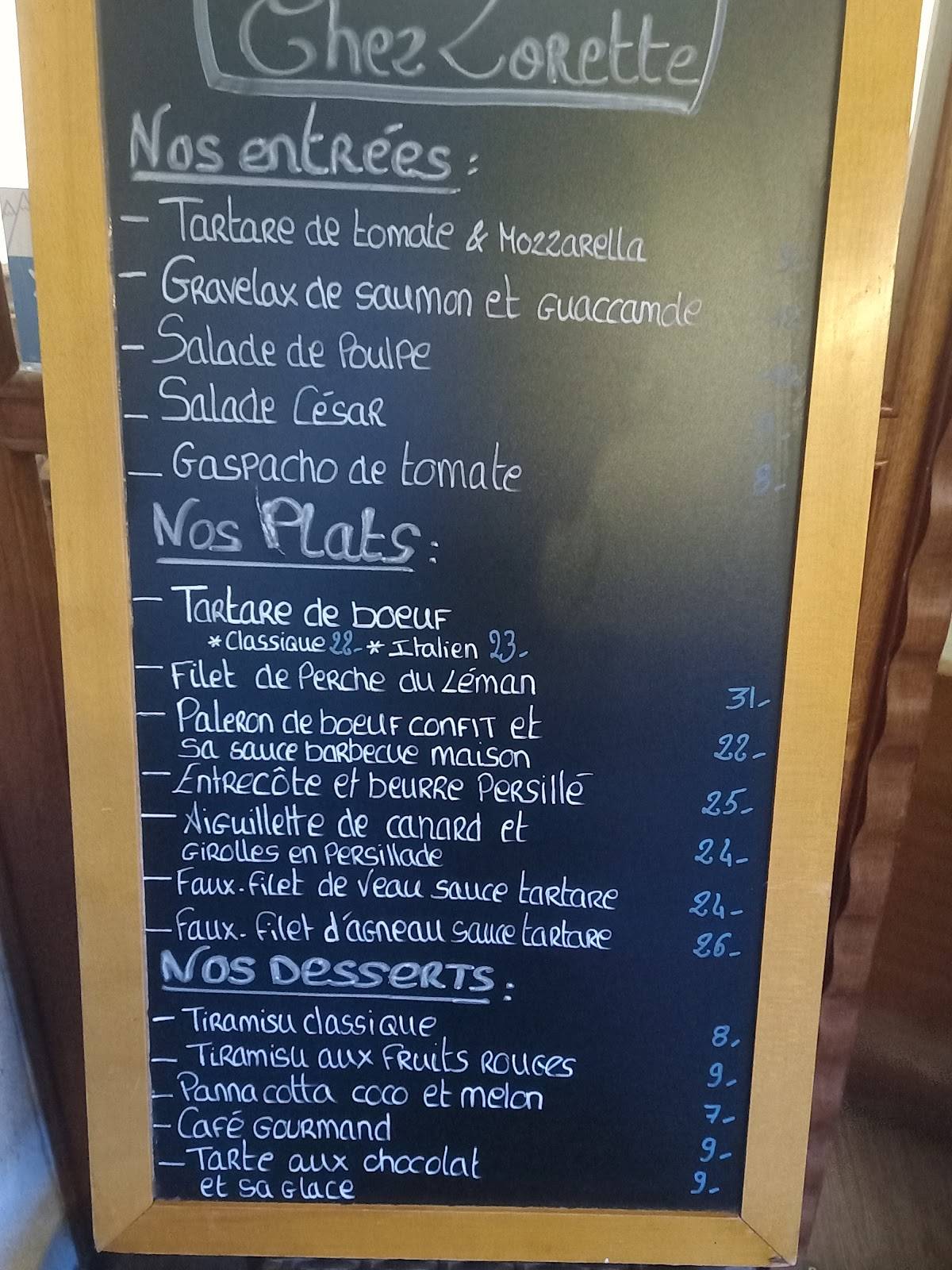Menu au Chez Lorette restaurant, Ballaison