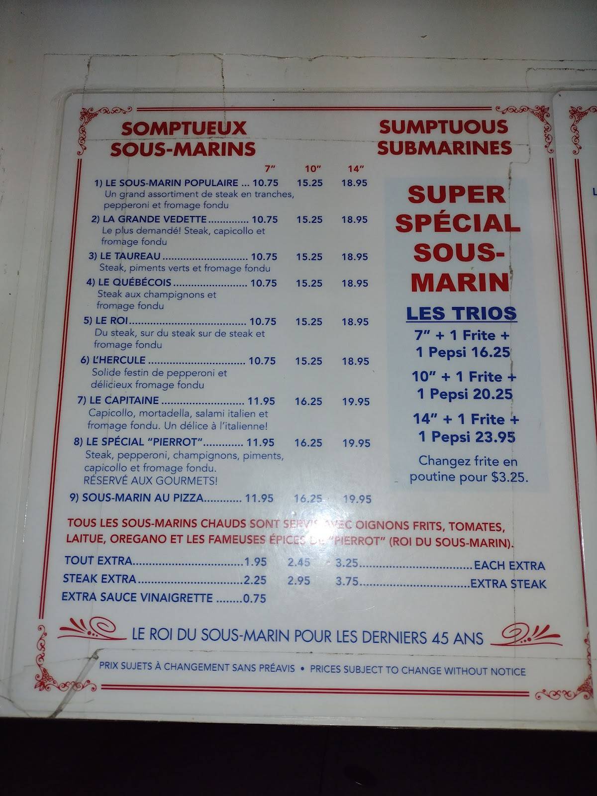 Menu au Chez Pierrot Le Roi du Sous-marin restaurant, Terrebonne