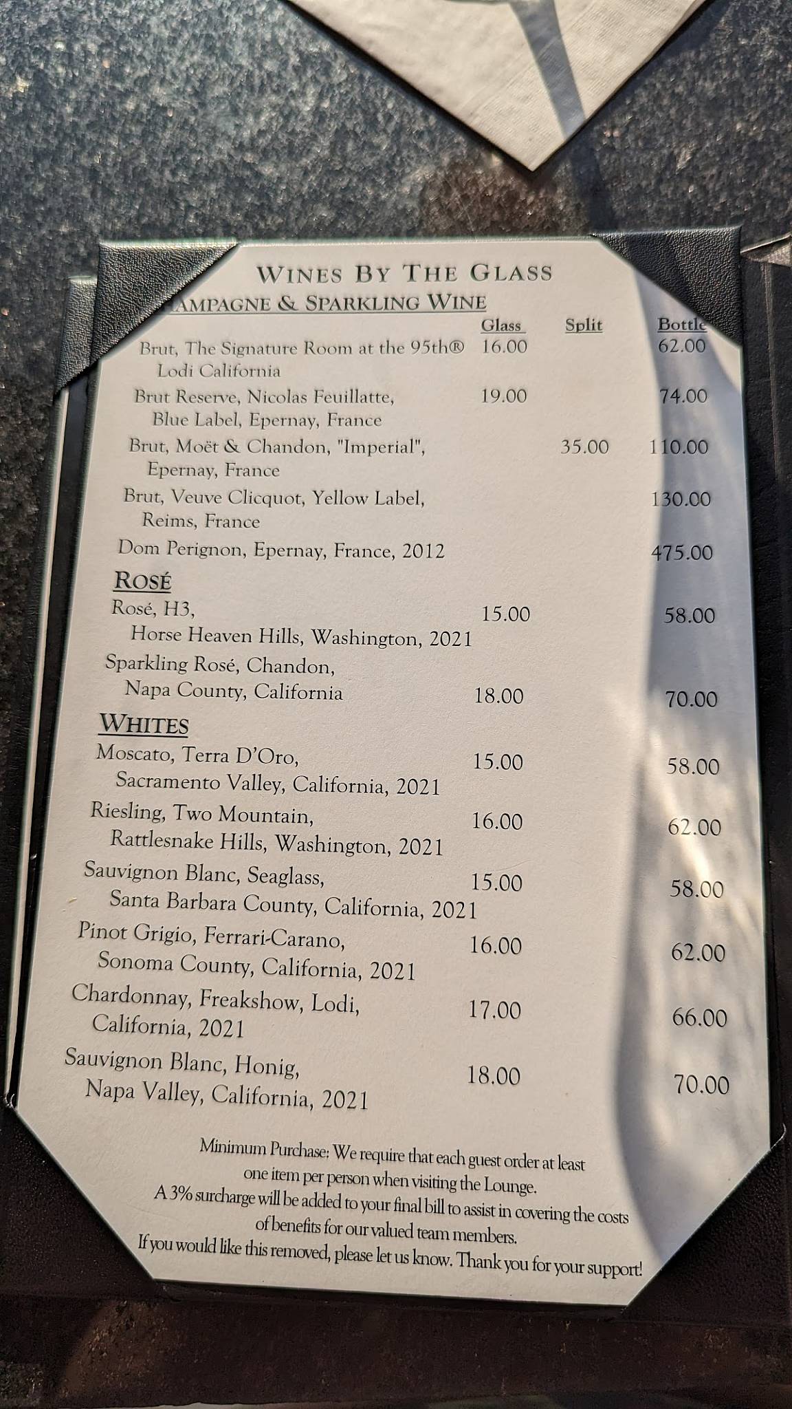 Menu at The Signature Room at the 95th restaurant, Chicago