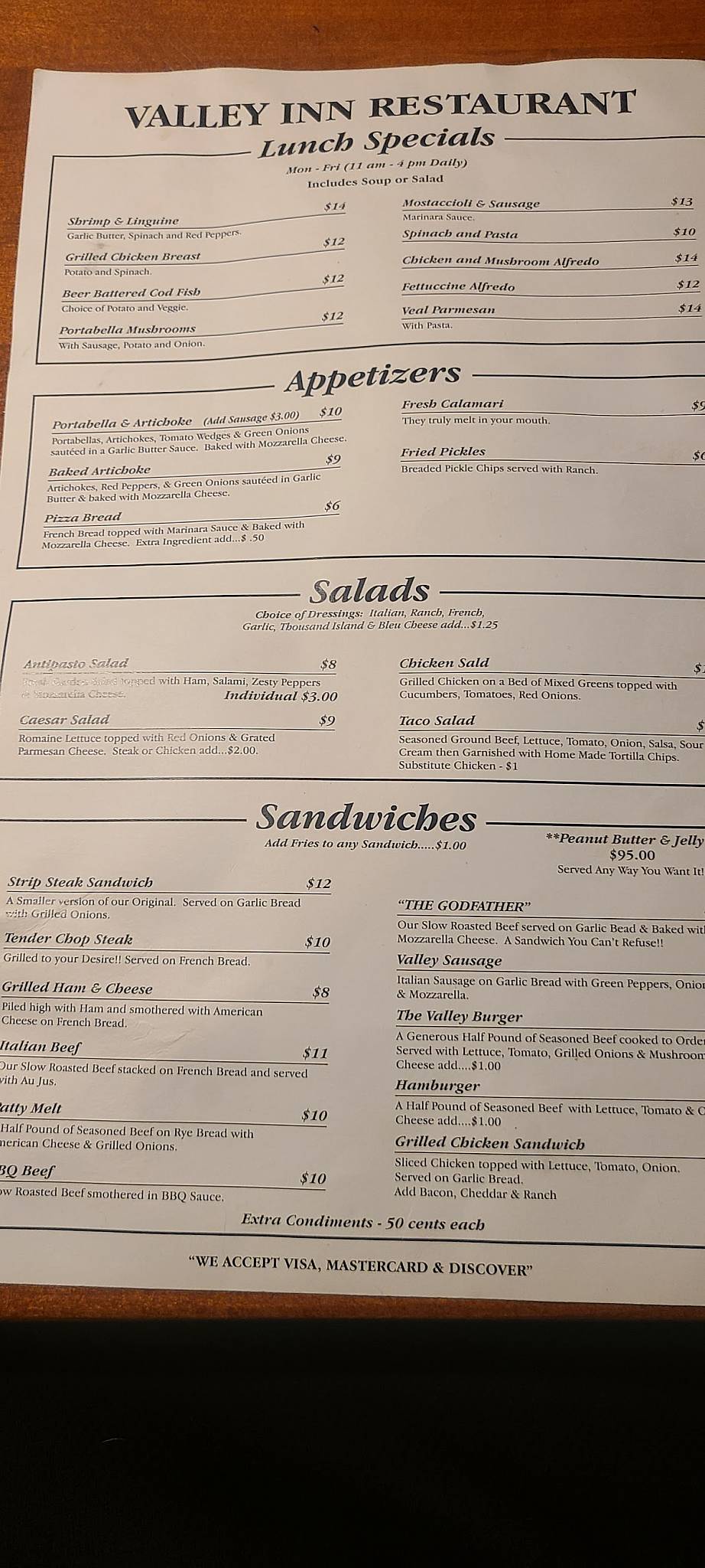 Menu at Valley Inn Restaurant, Palos Hills, W 107th St