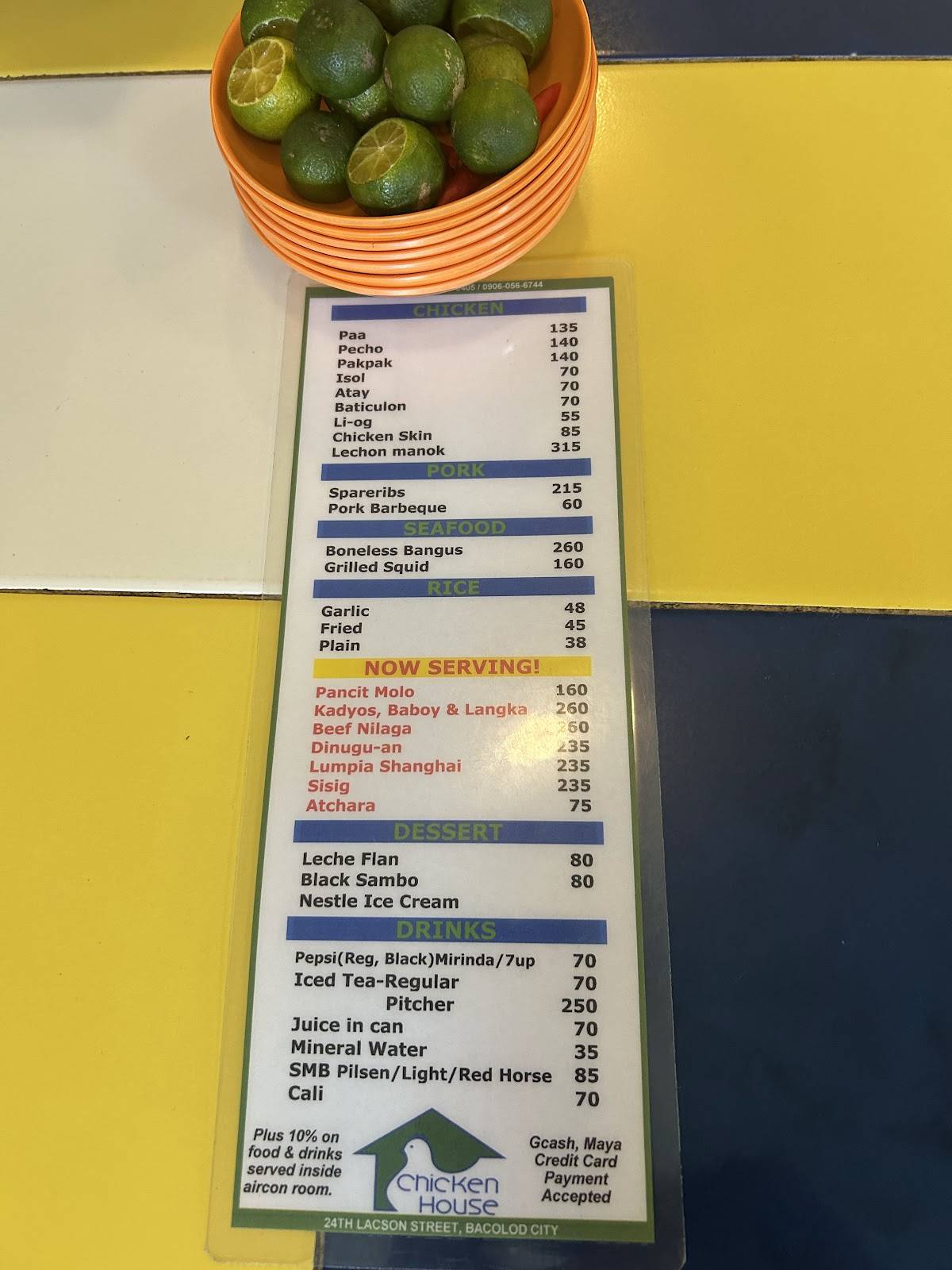 Menu at Chicken House - Main Branch restaurant, Bacolod, 24th Lacson St