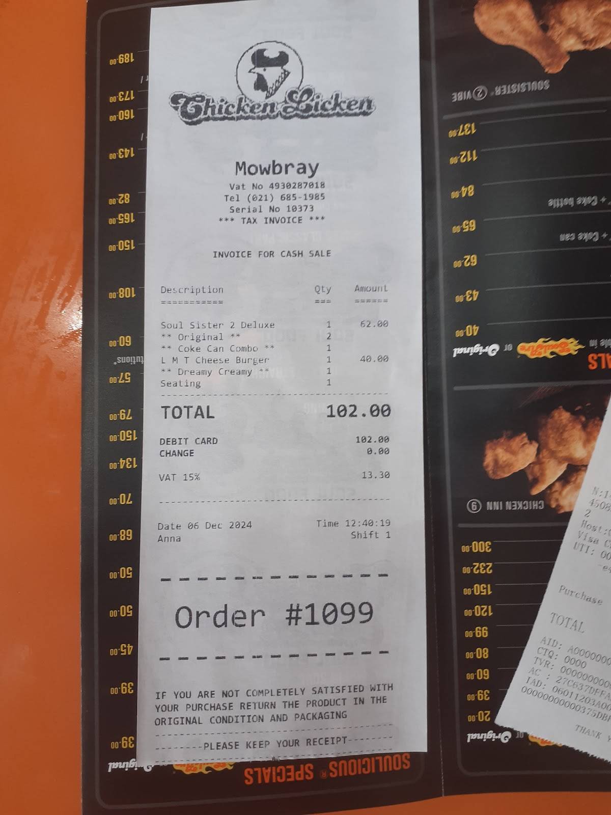 Menu at Chicken Licken Mowbray restaurant, Cape Town