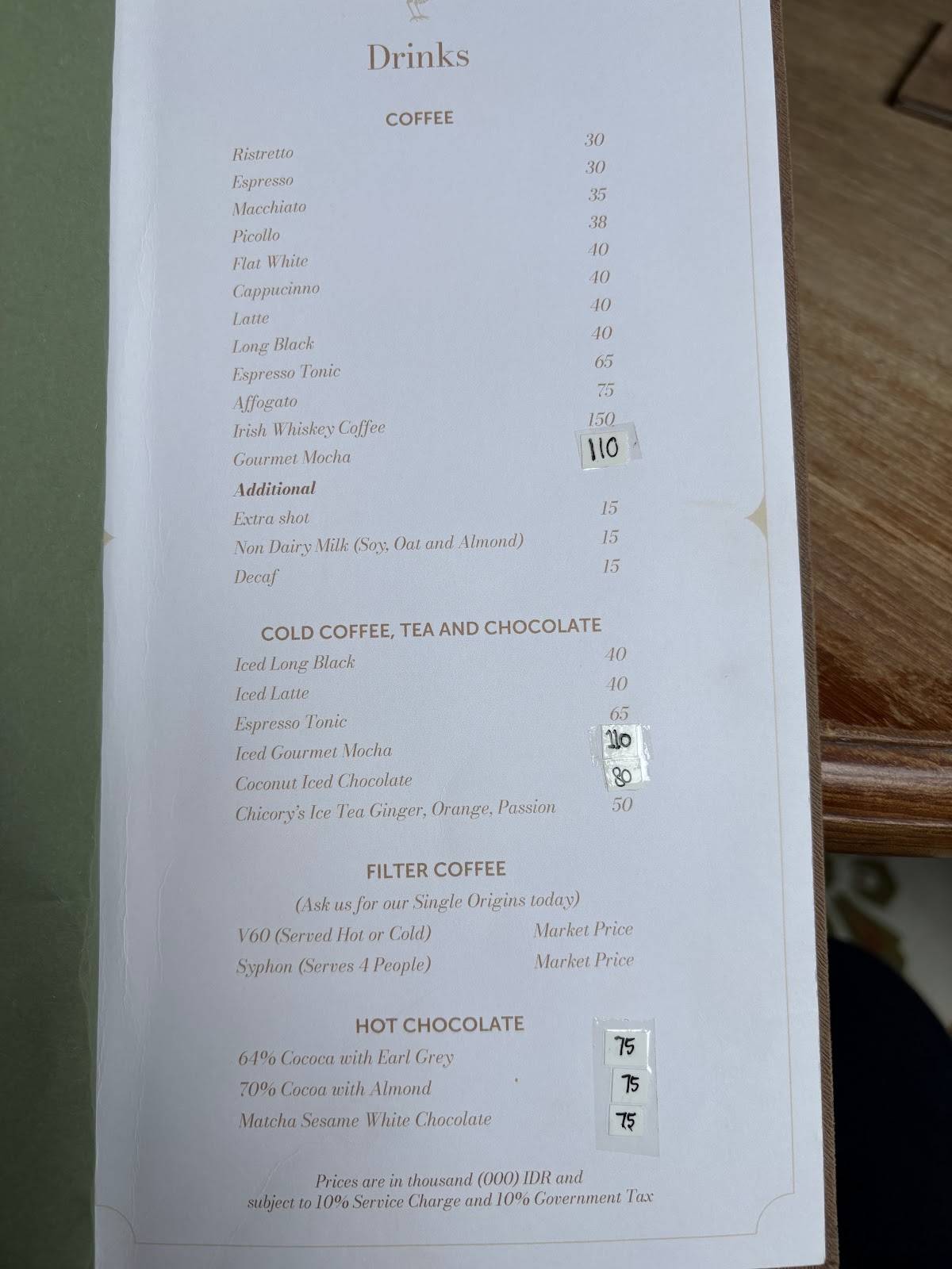 Menu at Chicory European Patisserie cafe, Central Jakarta