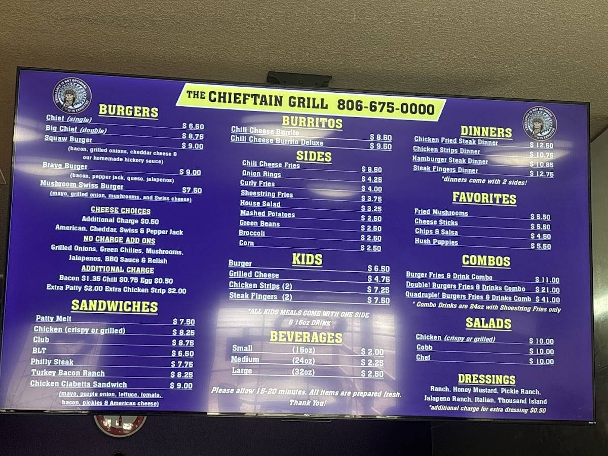 Menu at Chieftain Grill LLC restaurant, Crosbyton