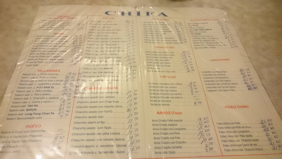Carta del restaurante Chifa Ton Wa, Lima, Jr. Huancavelica 752