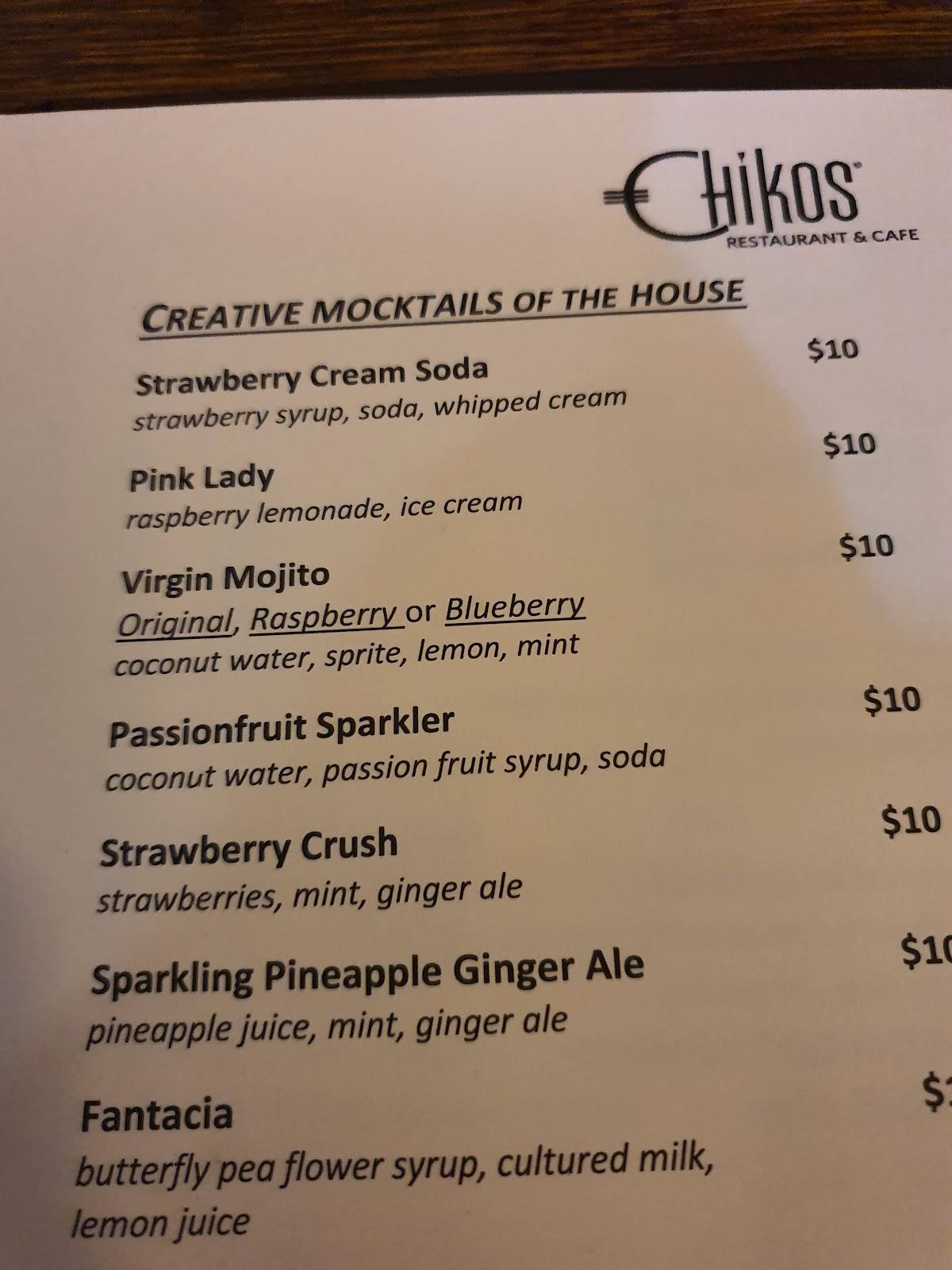 Menu at Chikos Restaurant & Cafe, Auckland