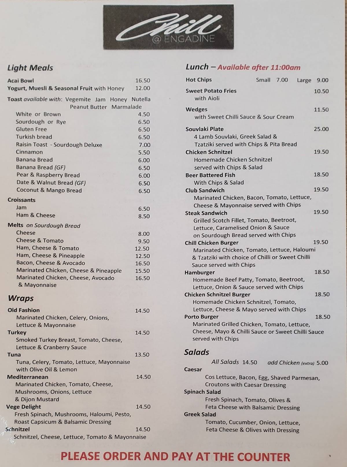 Menu at Chill @ Engadine cafe, Engadine