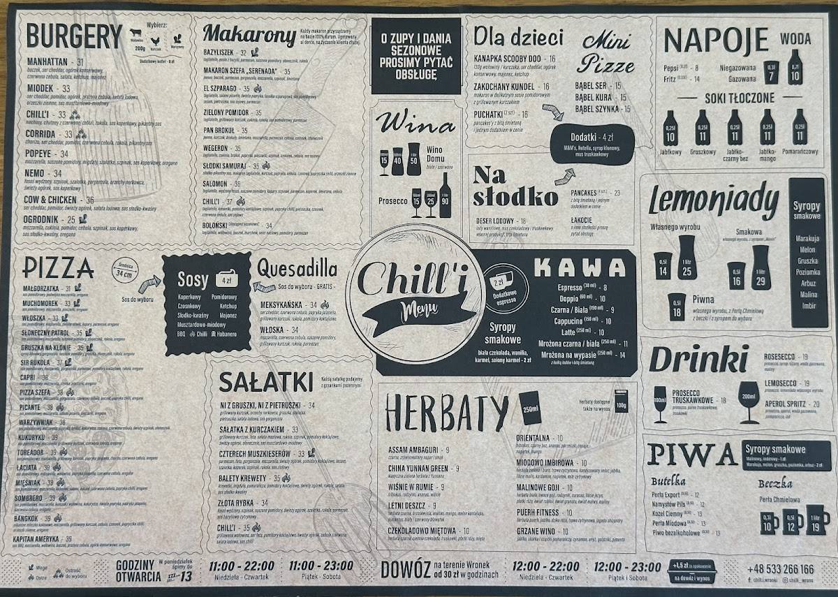 Menu at Chill'i restaurant, Wronki