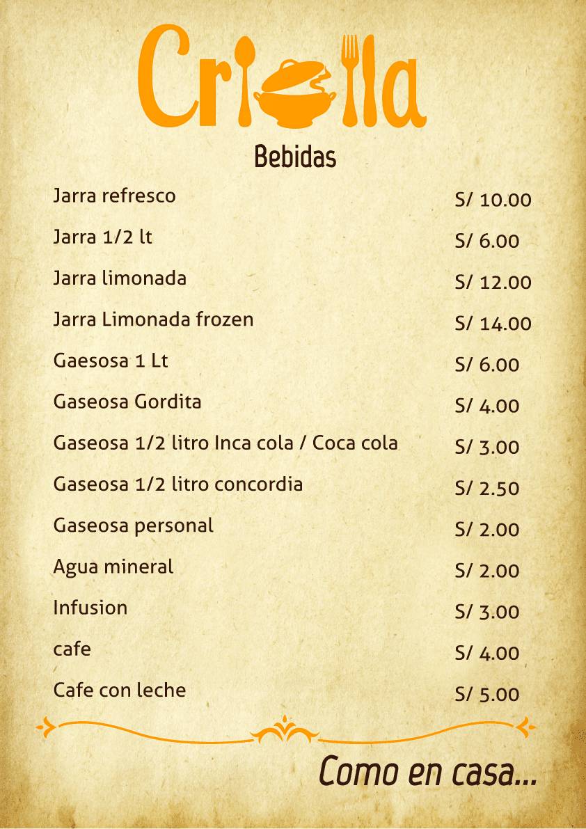 Carta de Criolla Restaurante, Nuevo Chimbote