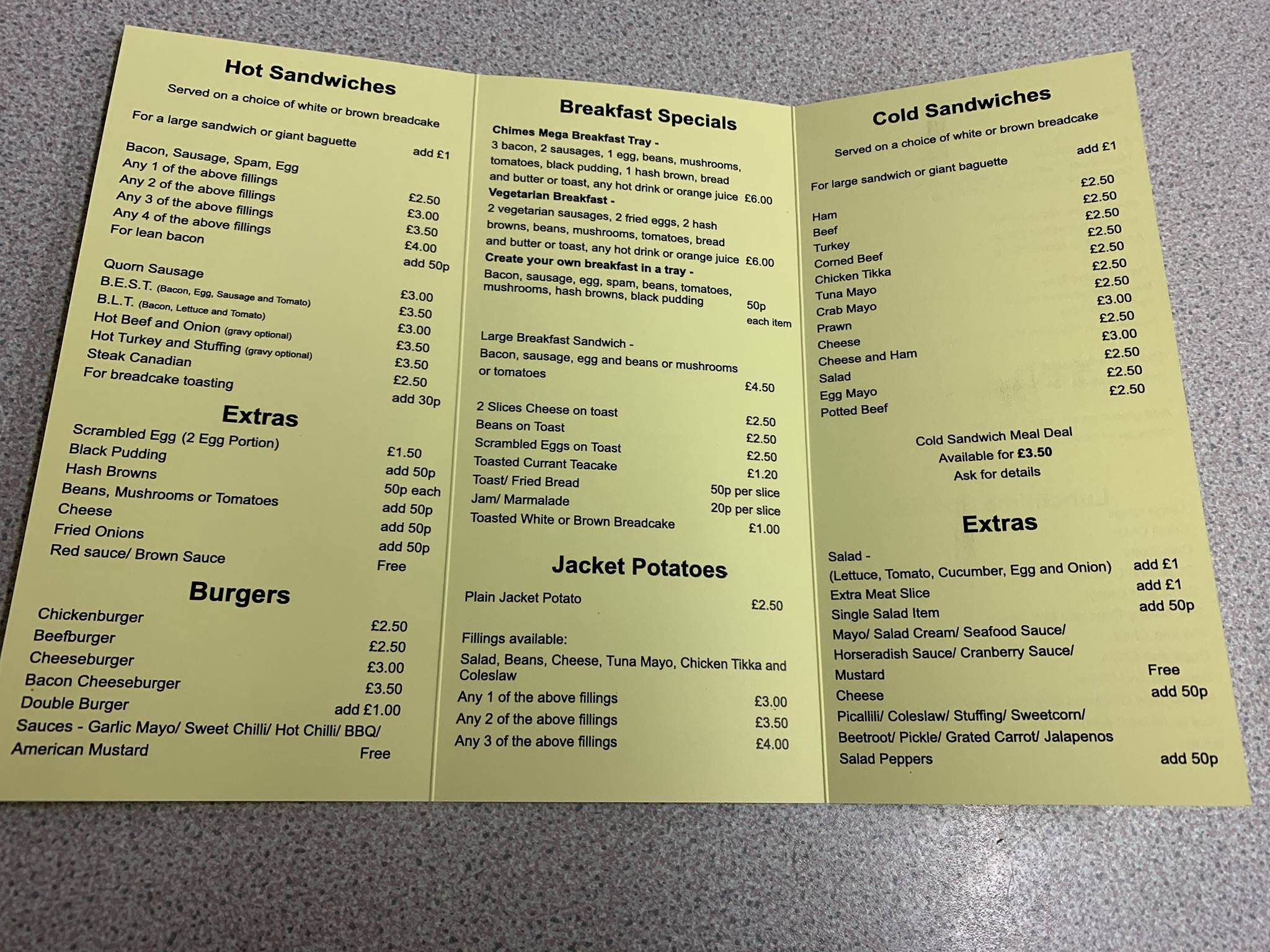 Menu at Chimes Sandwich Bar, Wakefield