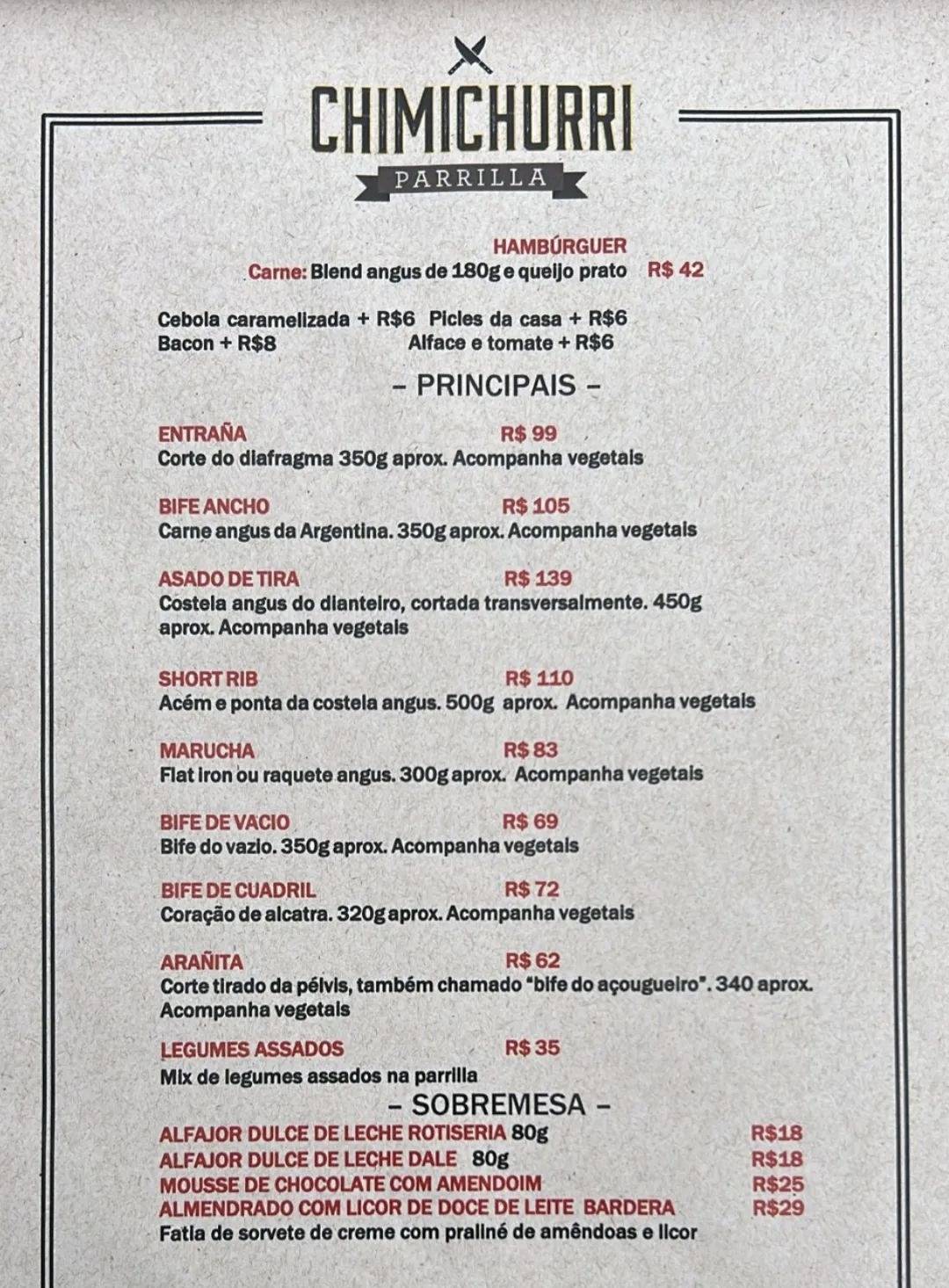 Menu em Chimichurri Parrilla restaurante, São Paulo