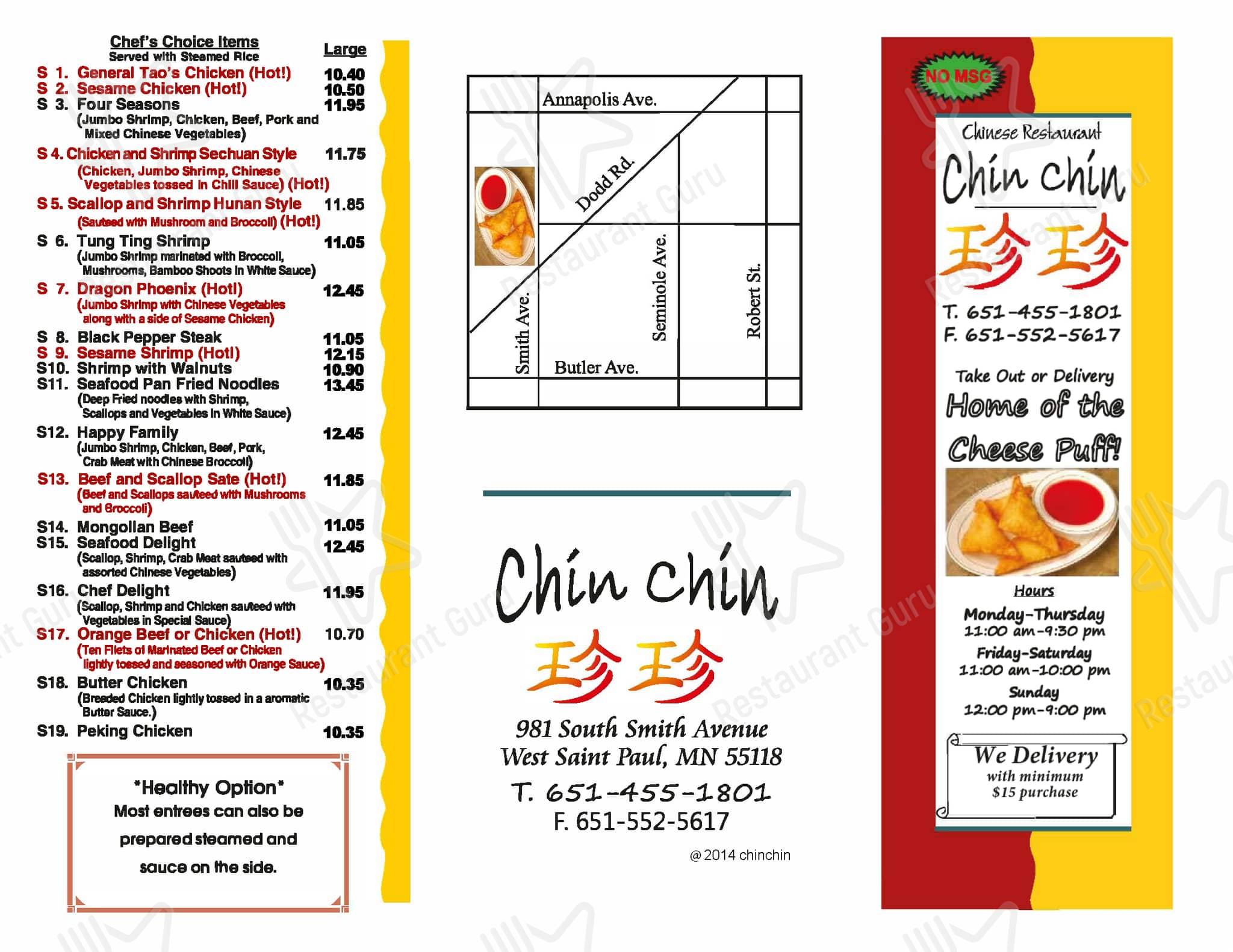 Menu at Chin Chin restaurant, West Saint Paul