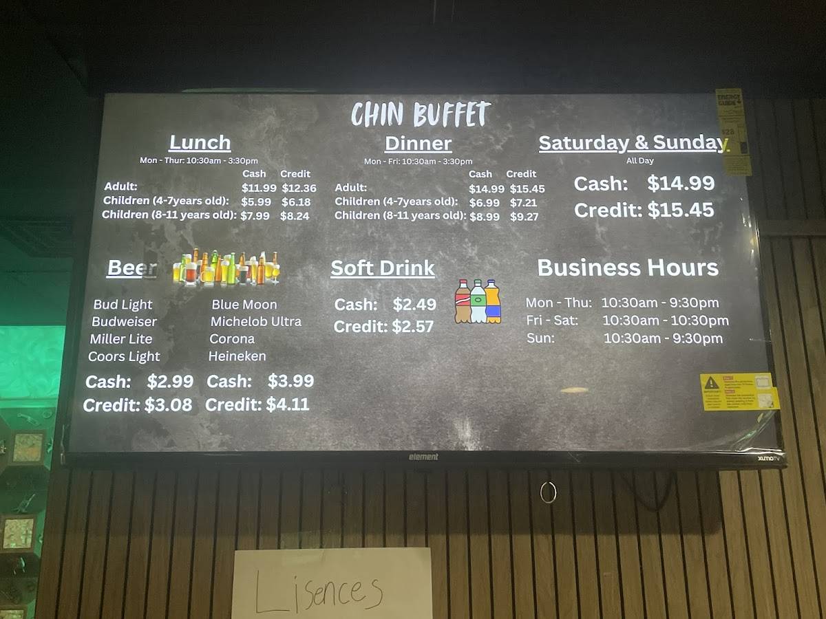 Menu at Chin Asian Buffet restaurant, Poplar Bluff