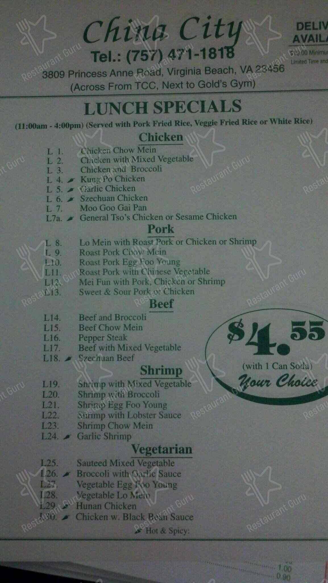 Menu at China City restaurant, Virginia Beach, Princess Anne Rd #113