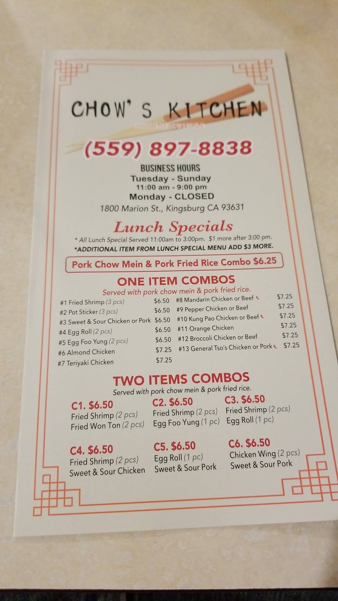 Menu at Chinese Pagoda Restaurant, Kingsburg