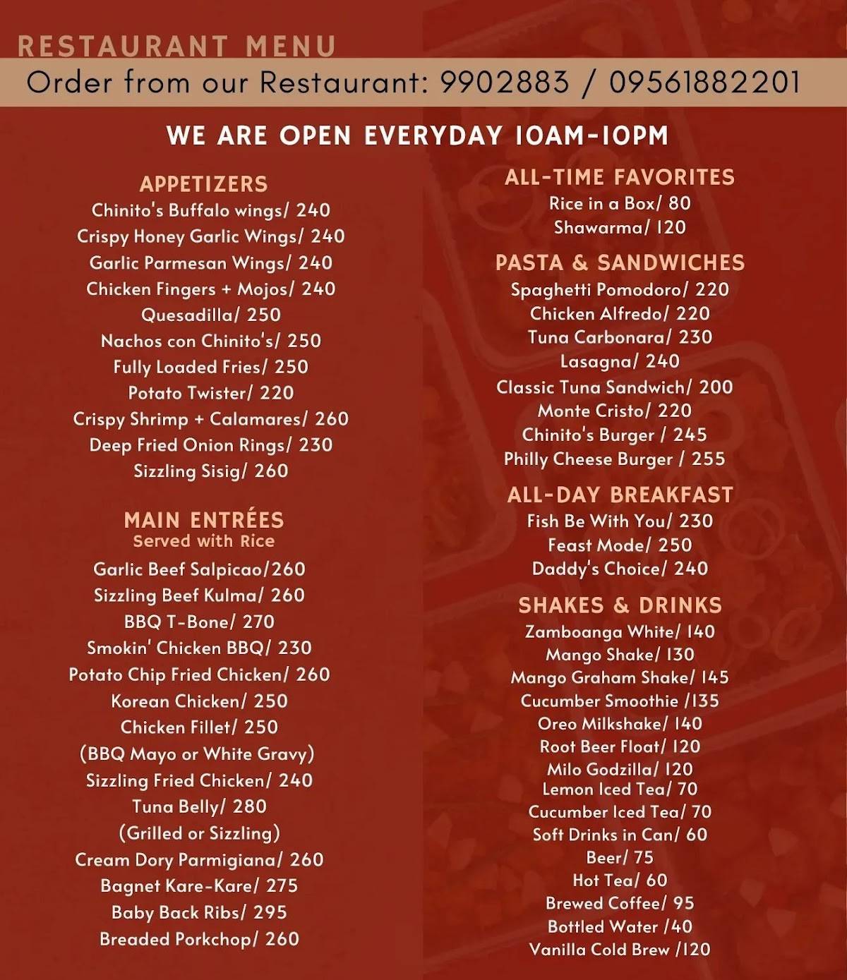 Menu at Chinito's Restaurant, Zamboanga, Gov Camins Ave