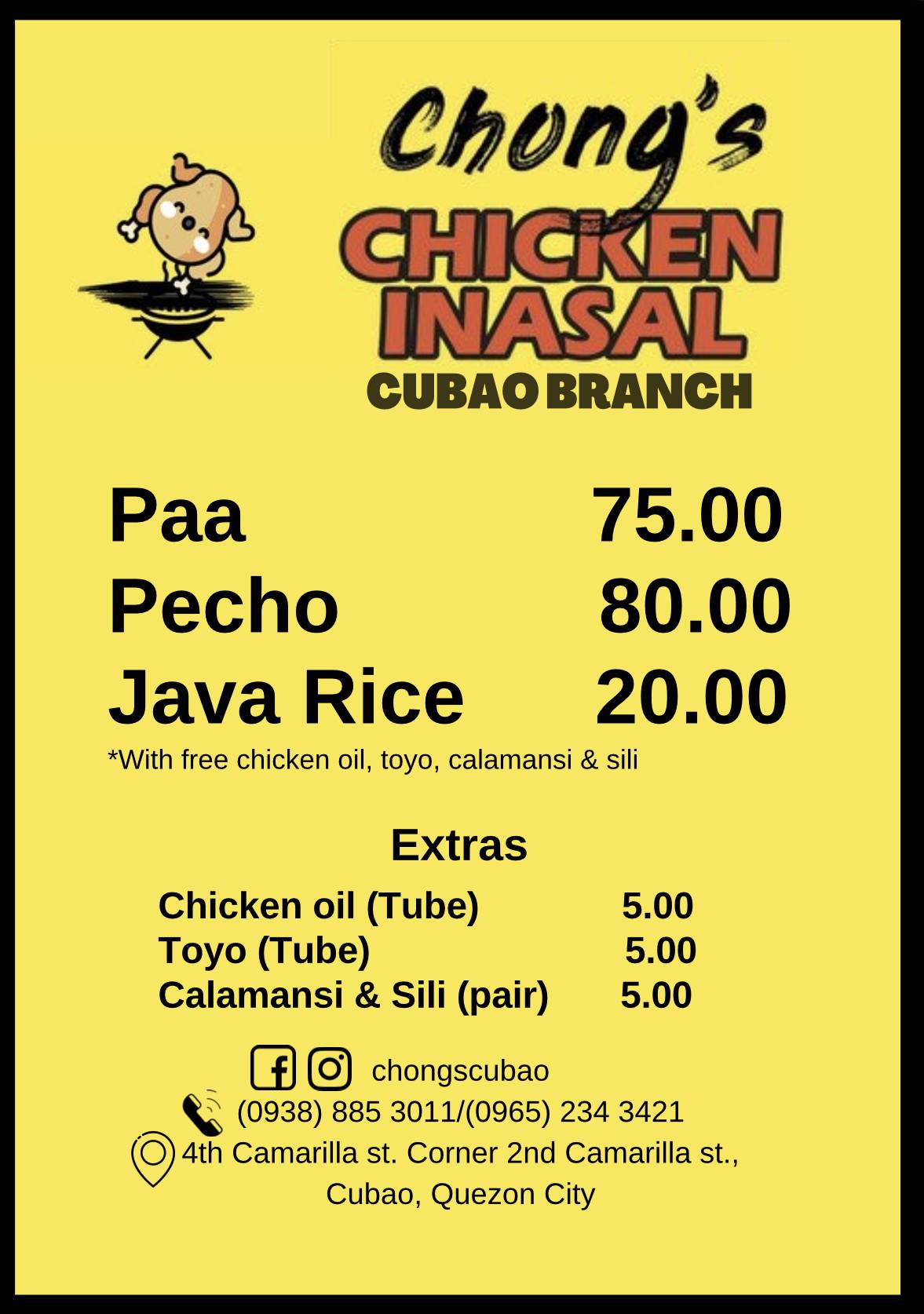 Menu at Chong's Chicken Inasal - Cubao Branch restaurant, Quezon City