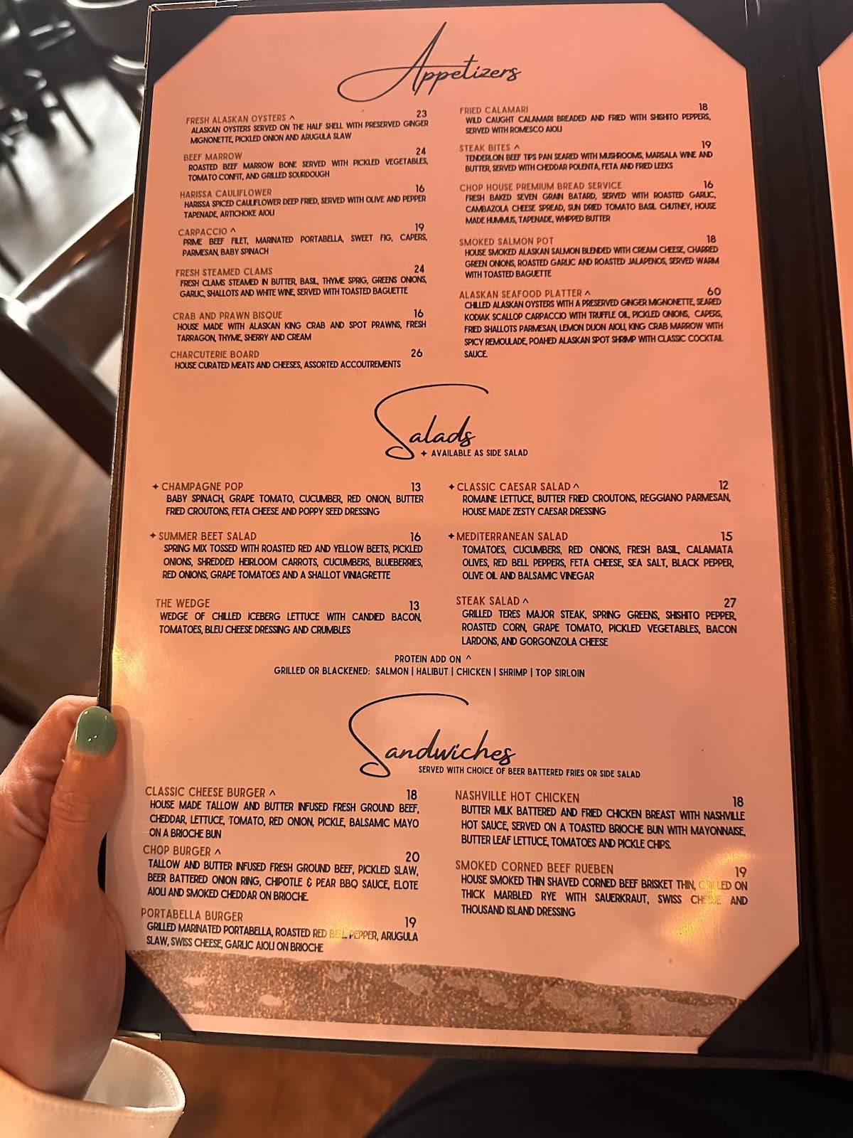 Menu at Chop House at Lake Lucille steakhouse, Wasilla