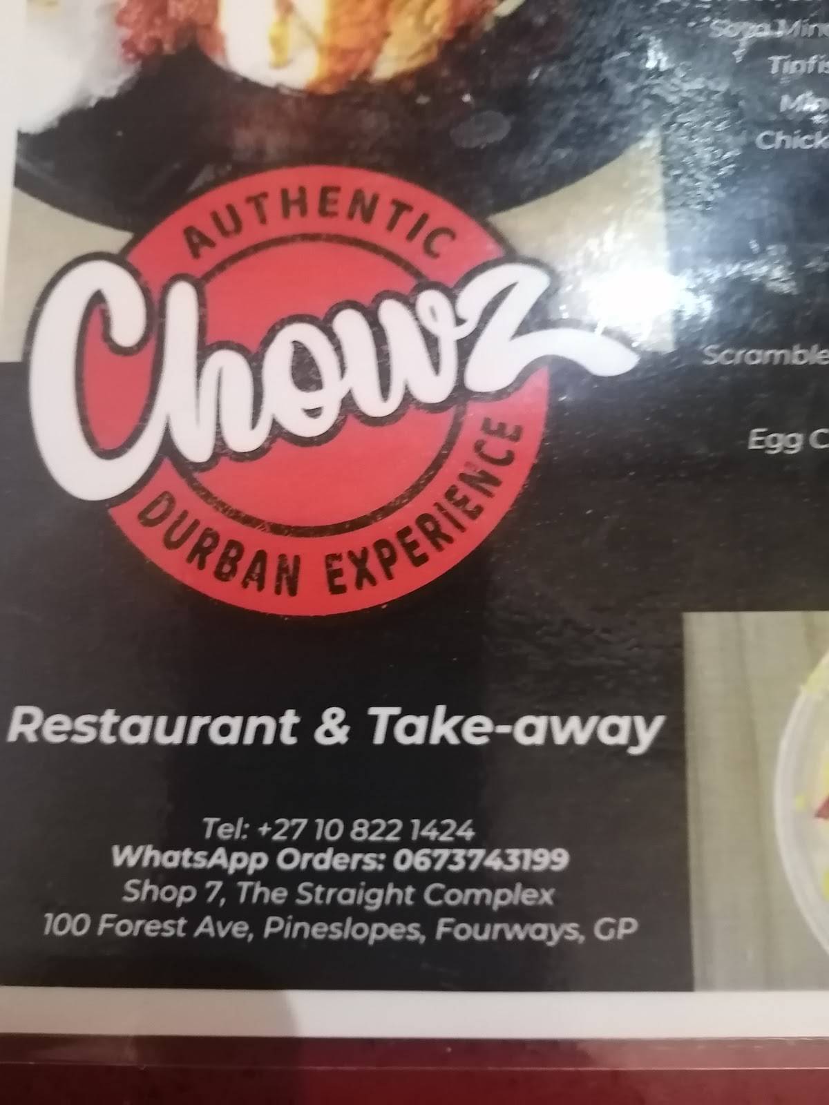 Menu at Chowz Authentic Durban Experience restaurant, Randburg