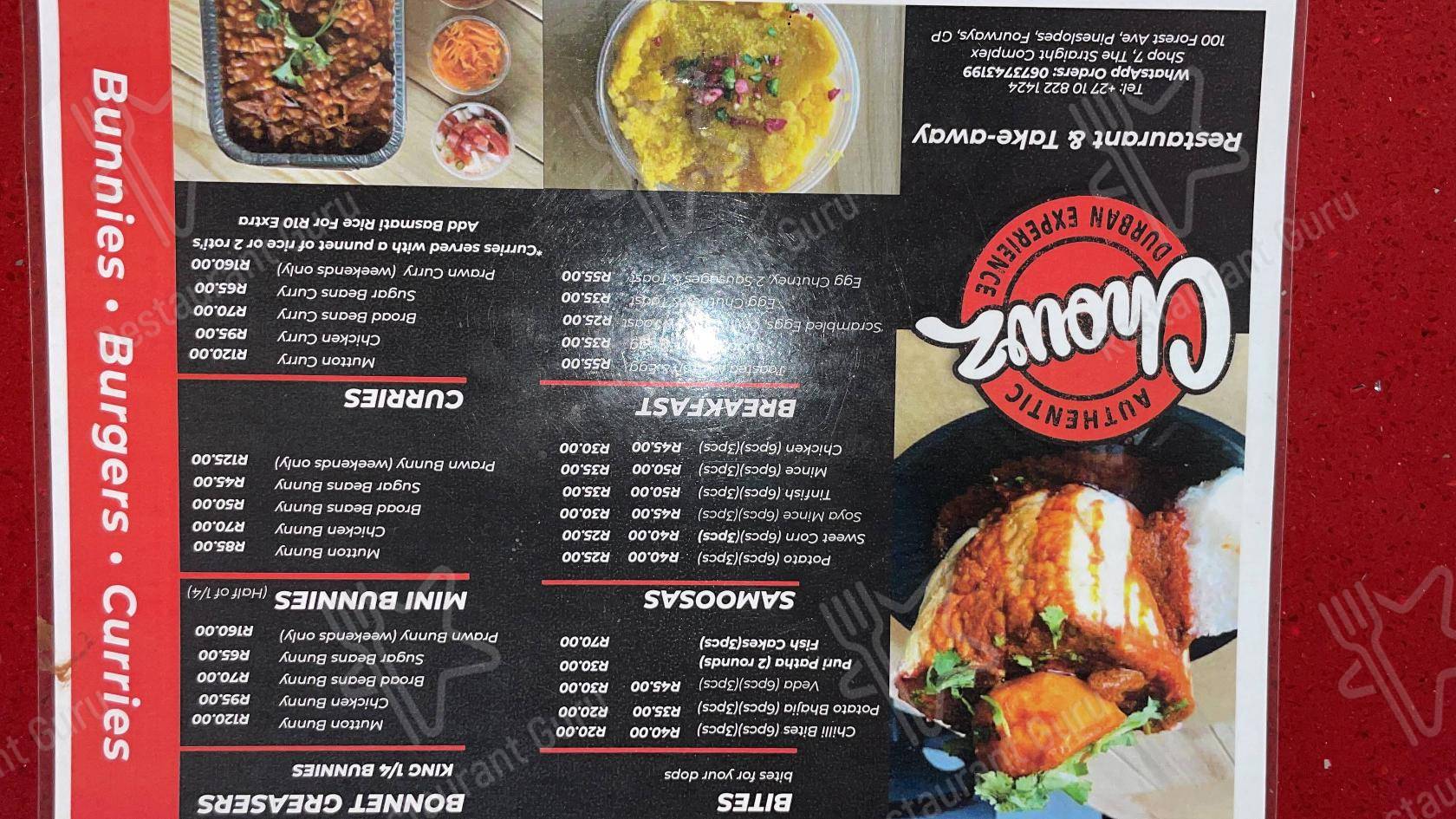 Menu at Chowz Authentic Durban Experience restaurant, Randburg