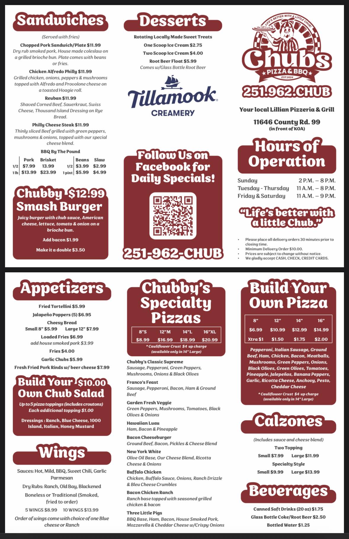 Menu at Chubs Pizza & BBQ, Lillian, 11646 Co Rd 99