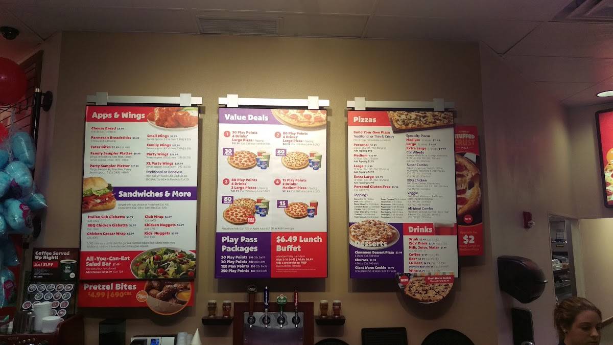 Menu at Chuck E. Cheese pizzeria, Brandon