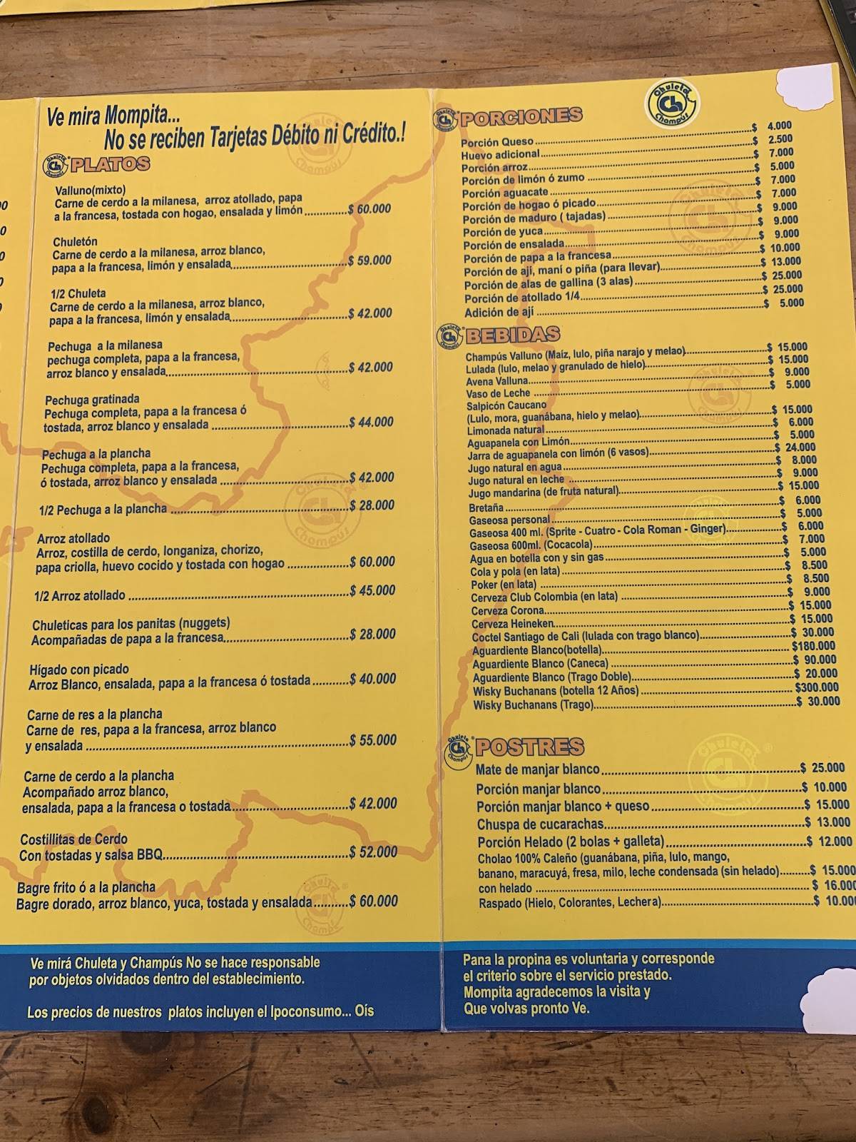 Carta del restaurante Chuleta y Champus, Bogotá, Cl. 44 #50-66