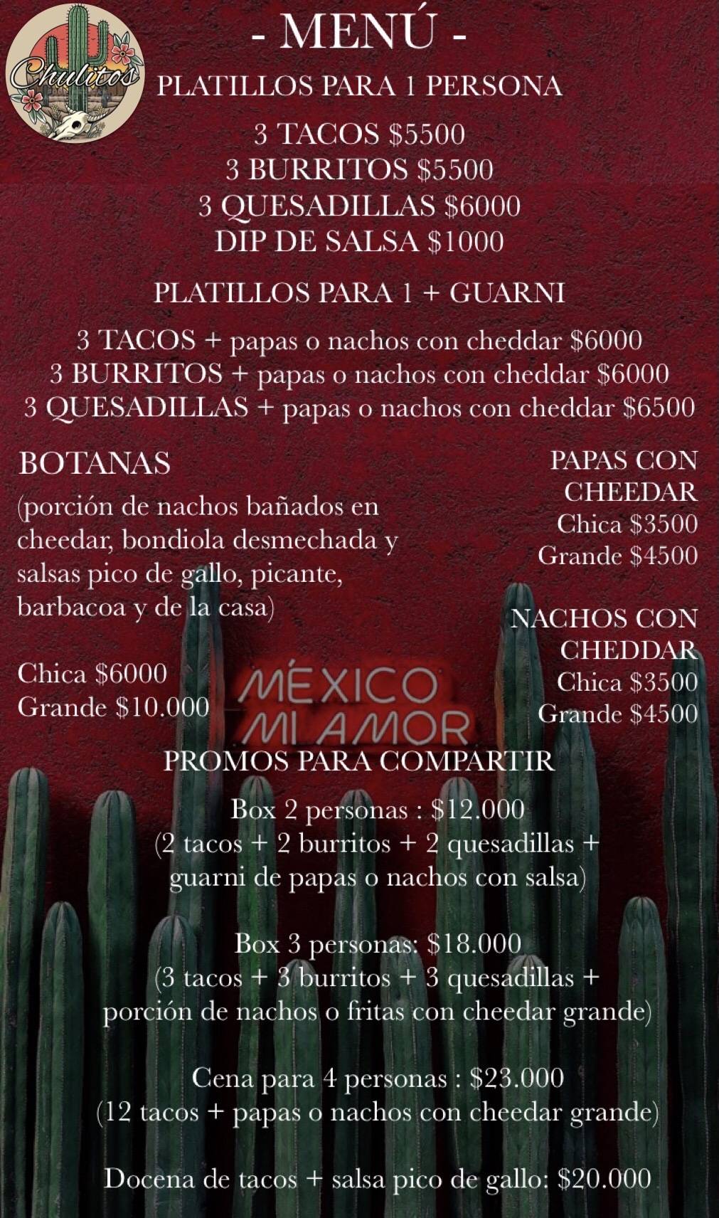 Menu at Chulitos Food, Comida Mexicana restaurant, Florencio Varela