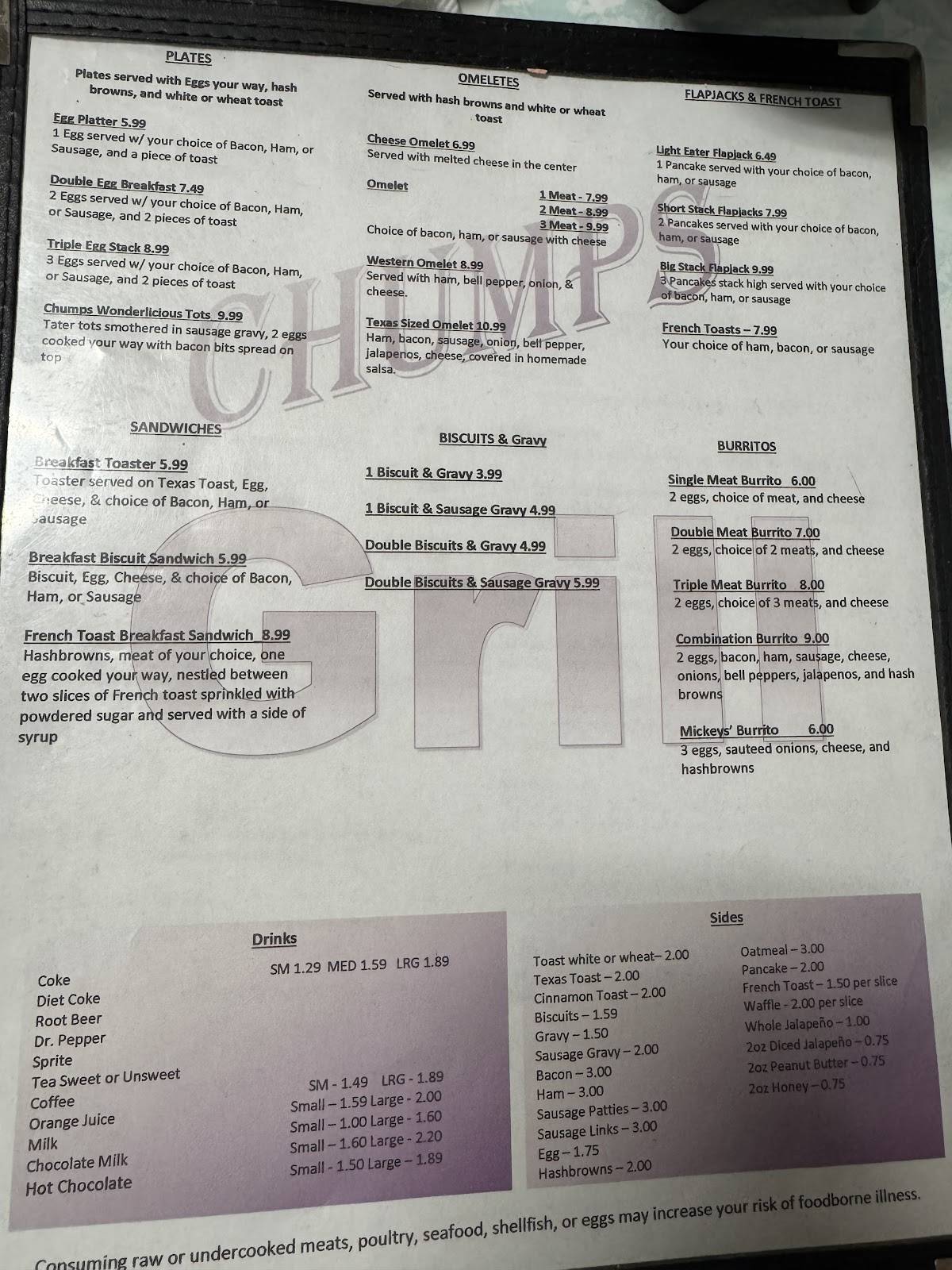 Menu at Chumps Grill pub & bar, Stinnett
