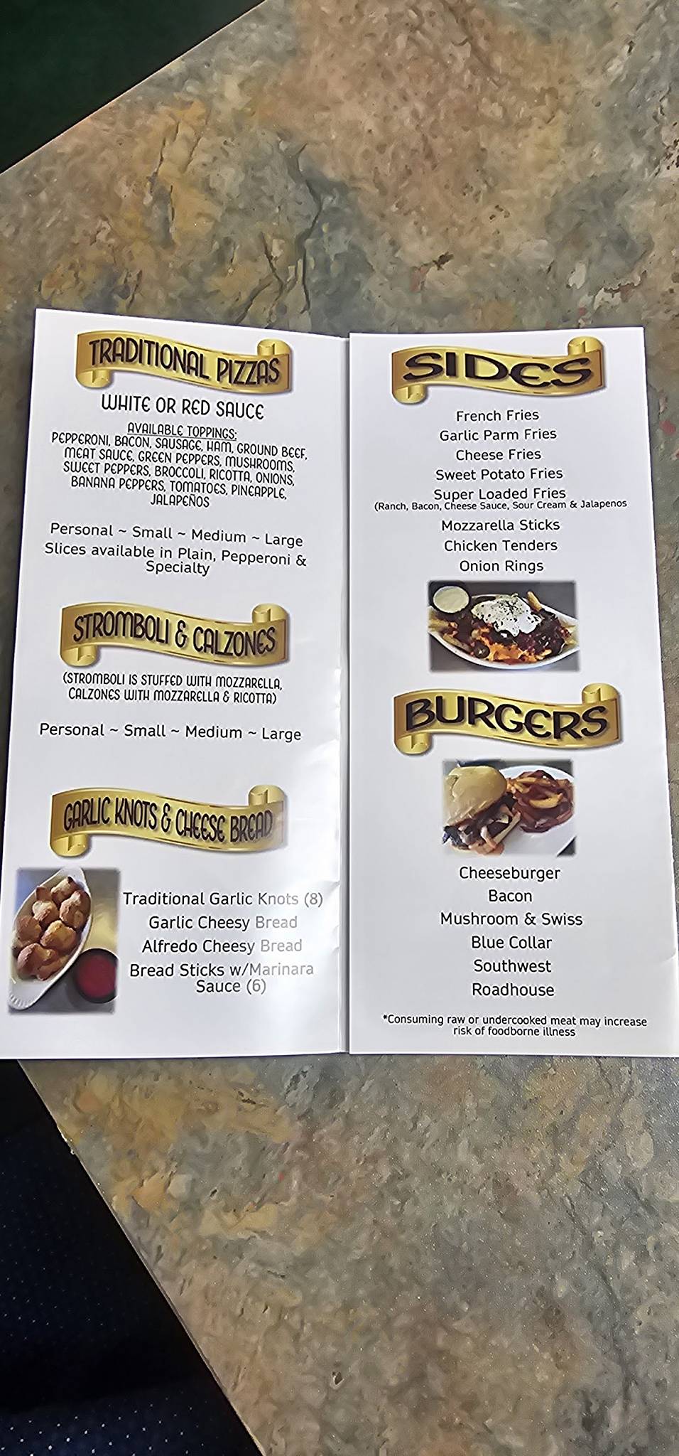 Menu at Chumpy's pizzeria, Sayre