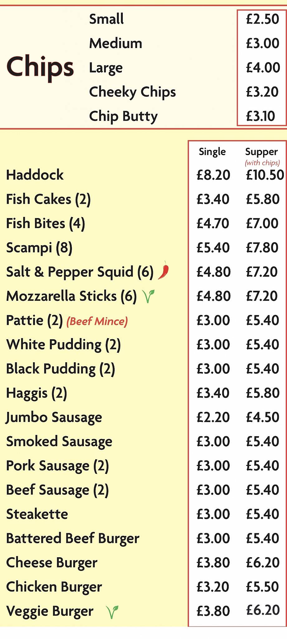 Menu at Church Street Chip Shop fast food, Stornoway