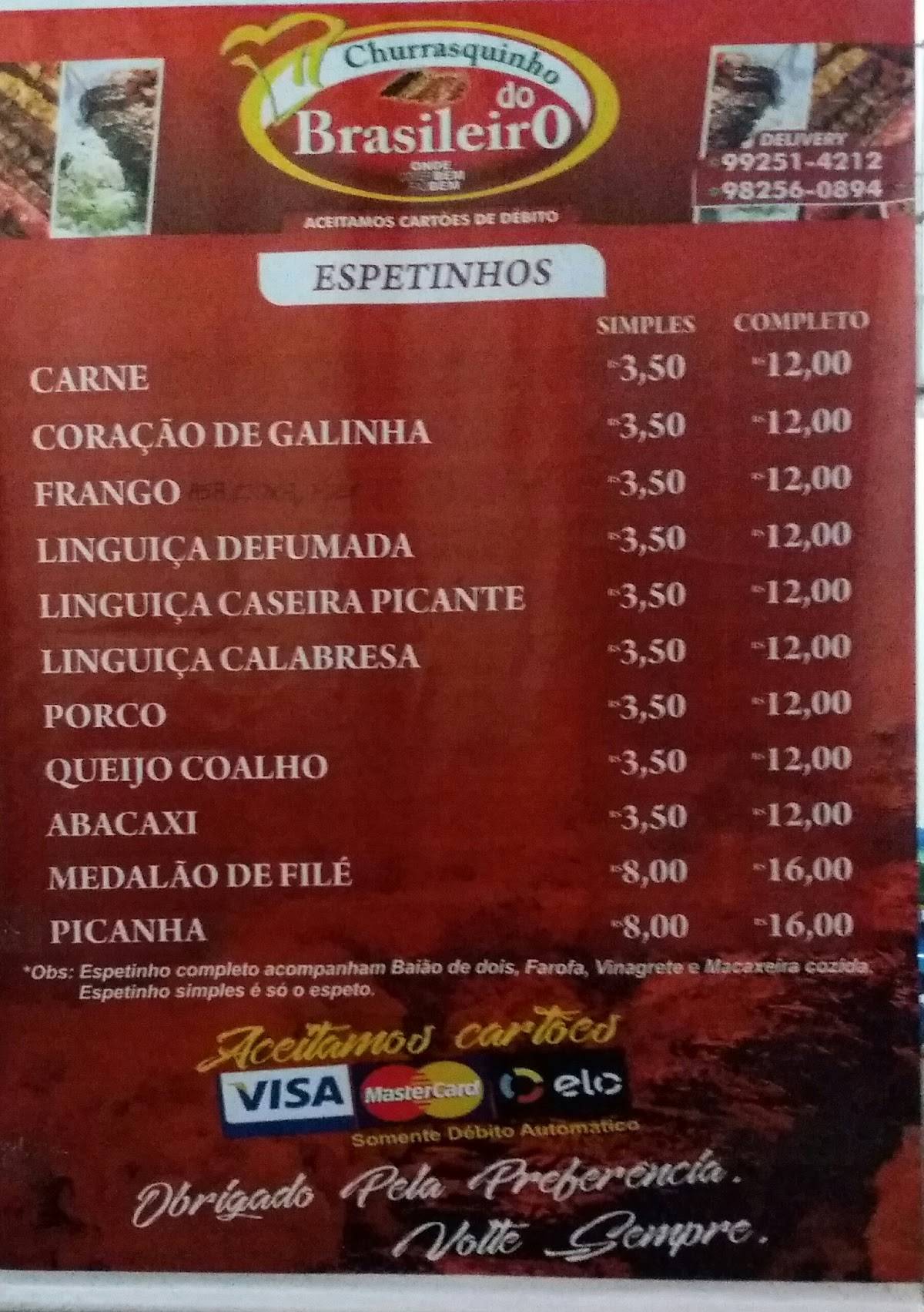 Menu at Churrasquinho do Brasileiro BBQ, Brazil, Av. Dom Romualdo Coelho