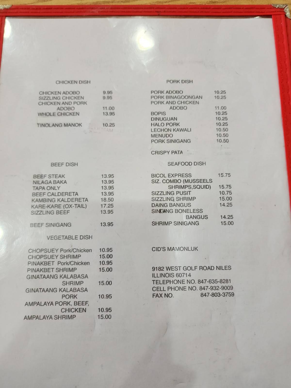 Menu at Cid's Ma Mon Luk restaurant, Niles, W Golf Rd