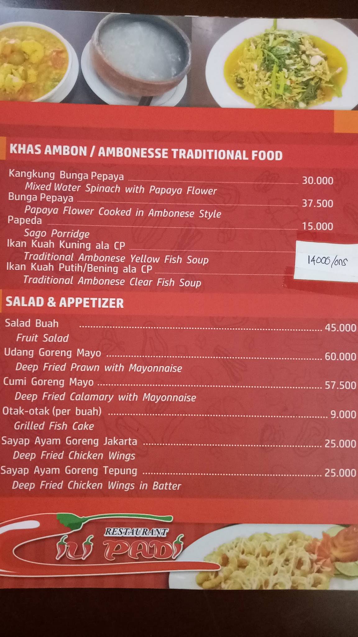Carta de Cili padi restaurant, Ambon