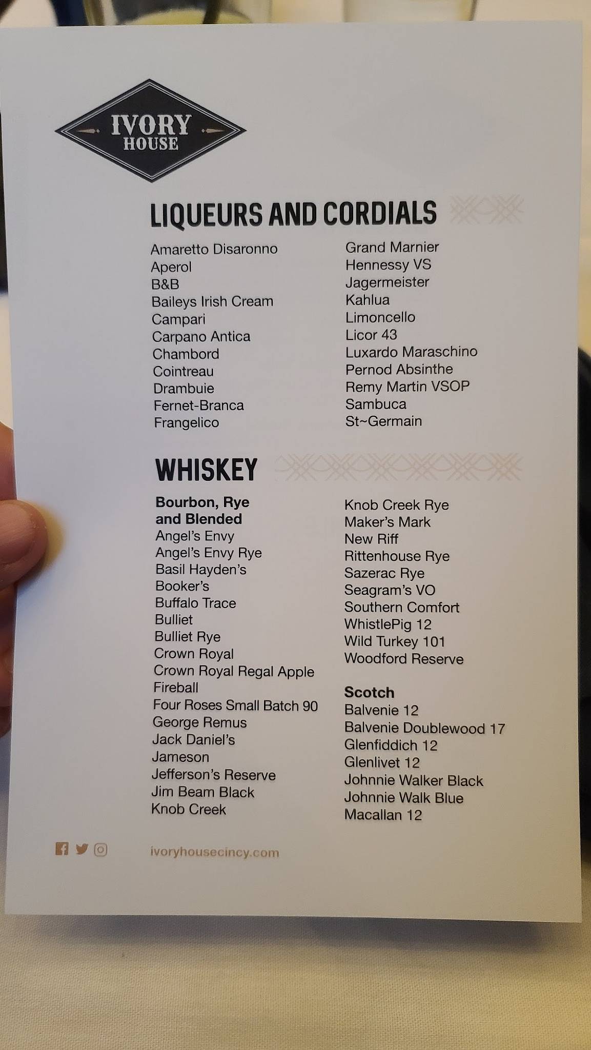 Menu at Ivory House pub & bar, Cincinnati