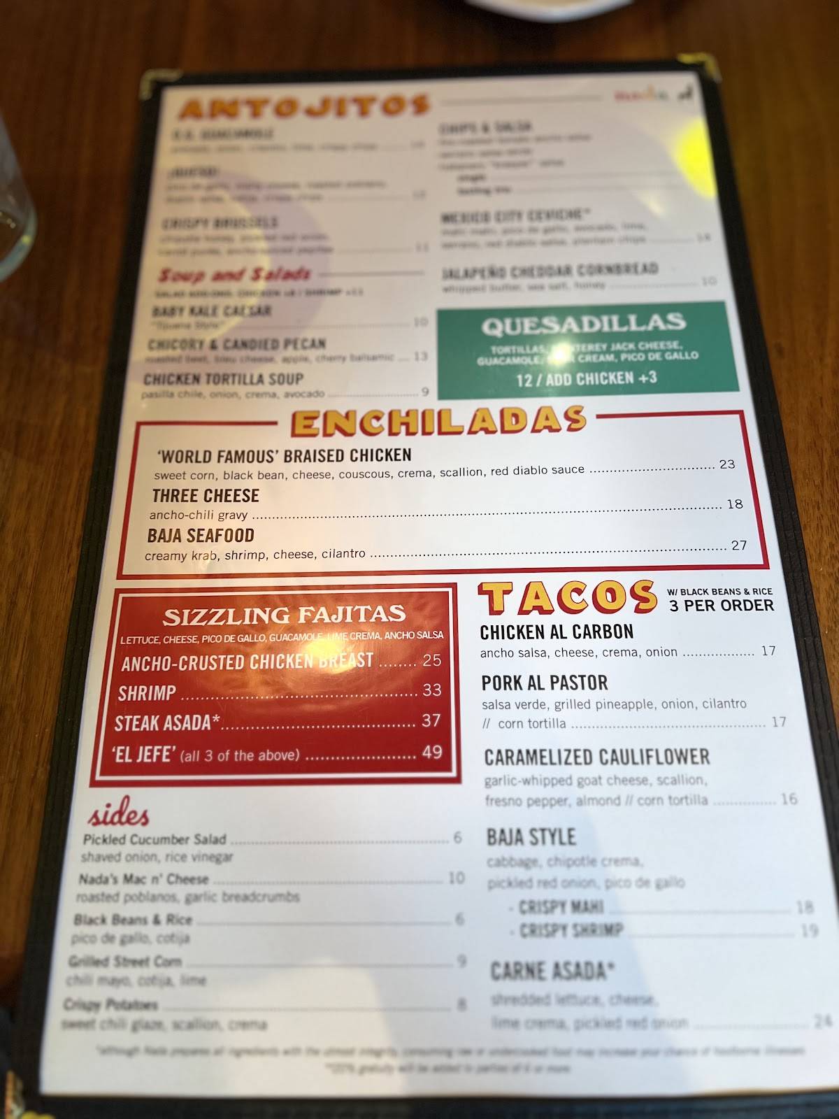 Menu at Nada restaurant, Cincinnati