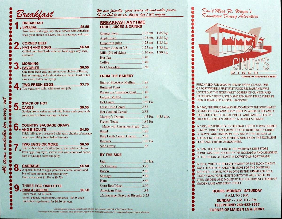 Menu at Cindy's Diner restaurant, Fort Wayne