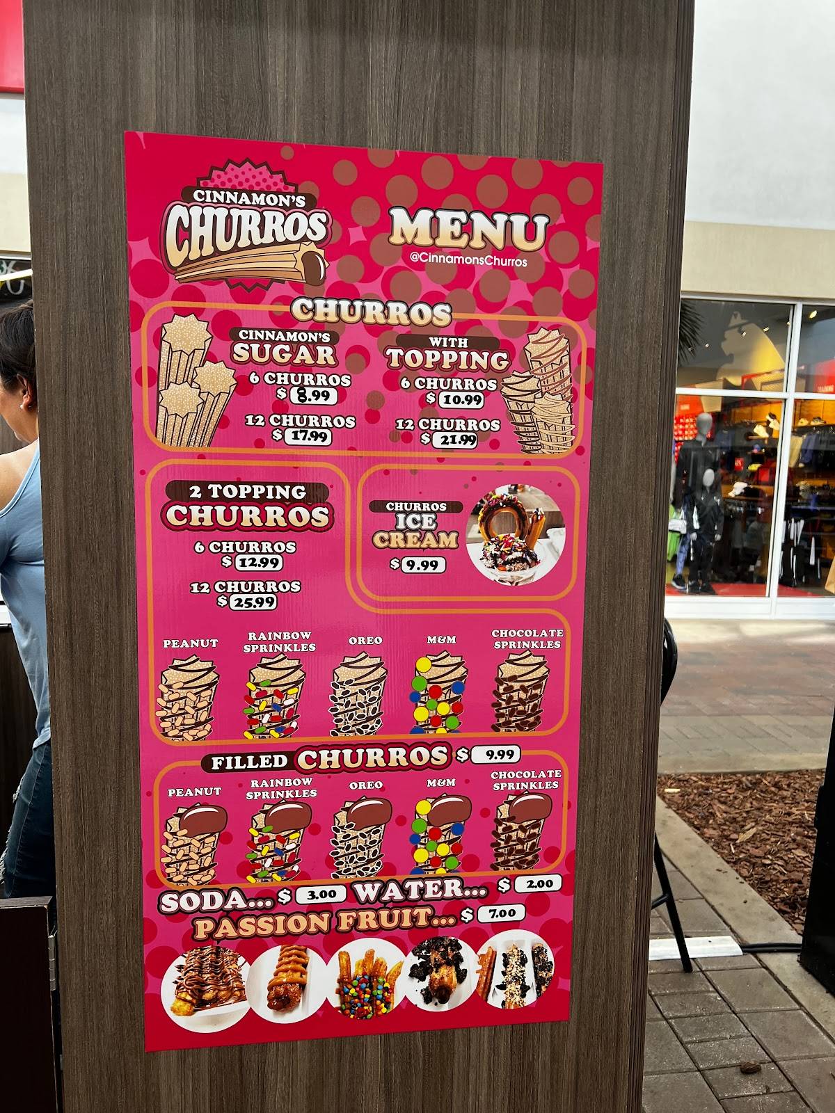 Menu at Cinnamon's churros restaurant, Orlando