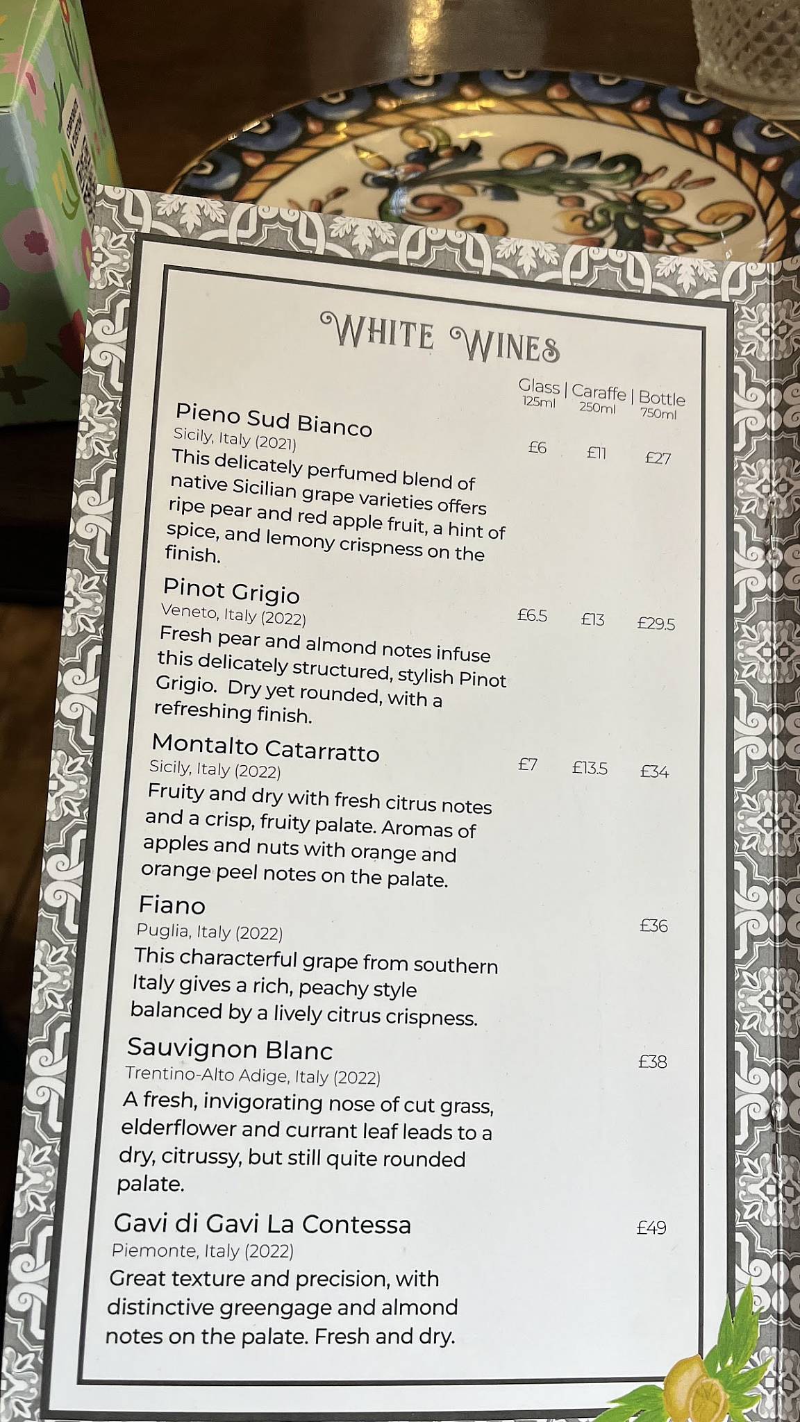Menu at Cinquecento restaurant, London, 115 Notting Hill Gate
