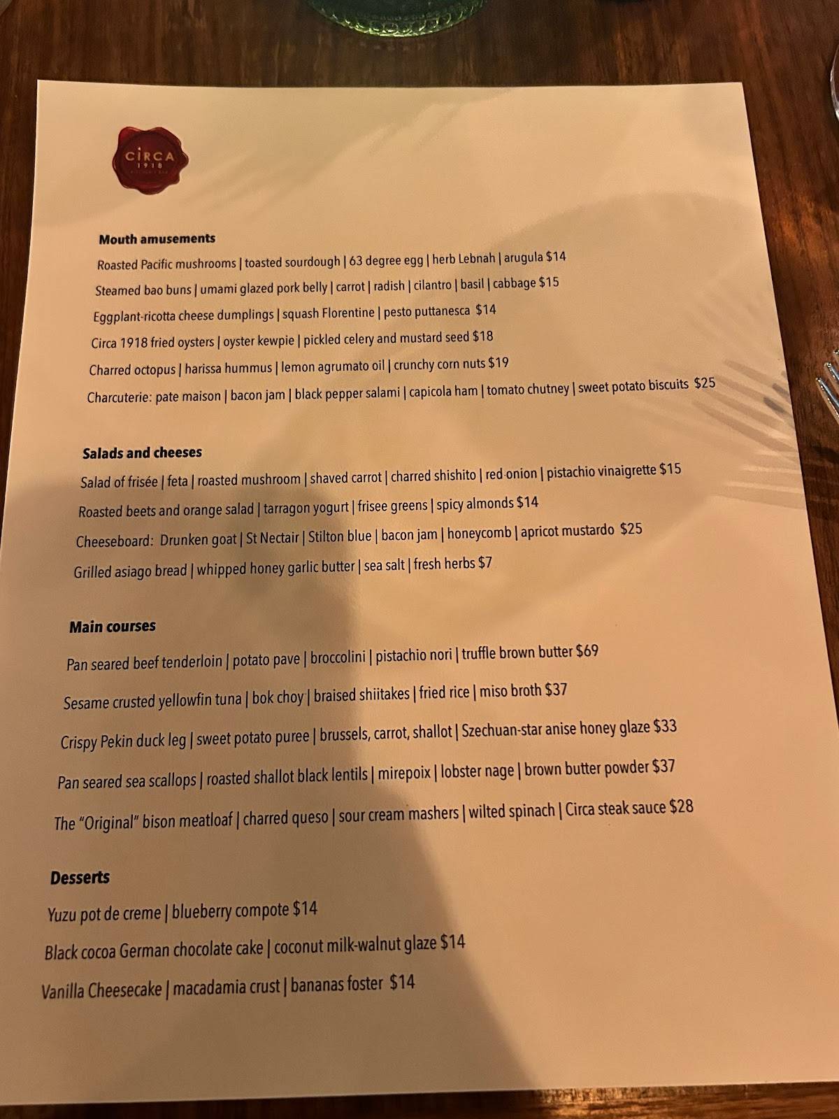 Menu at Circa 1918 Kitchen and bar, Newport News