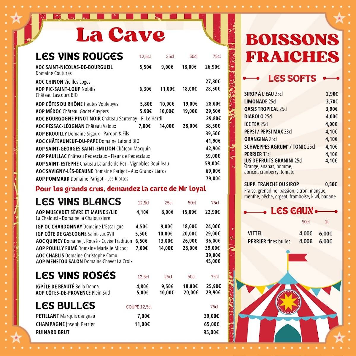 Menu au Circus restaurant, Sainte-Luce-sur-Loire