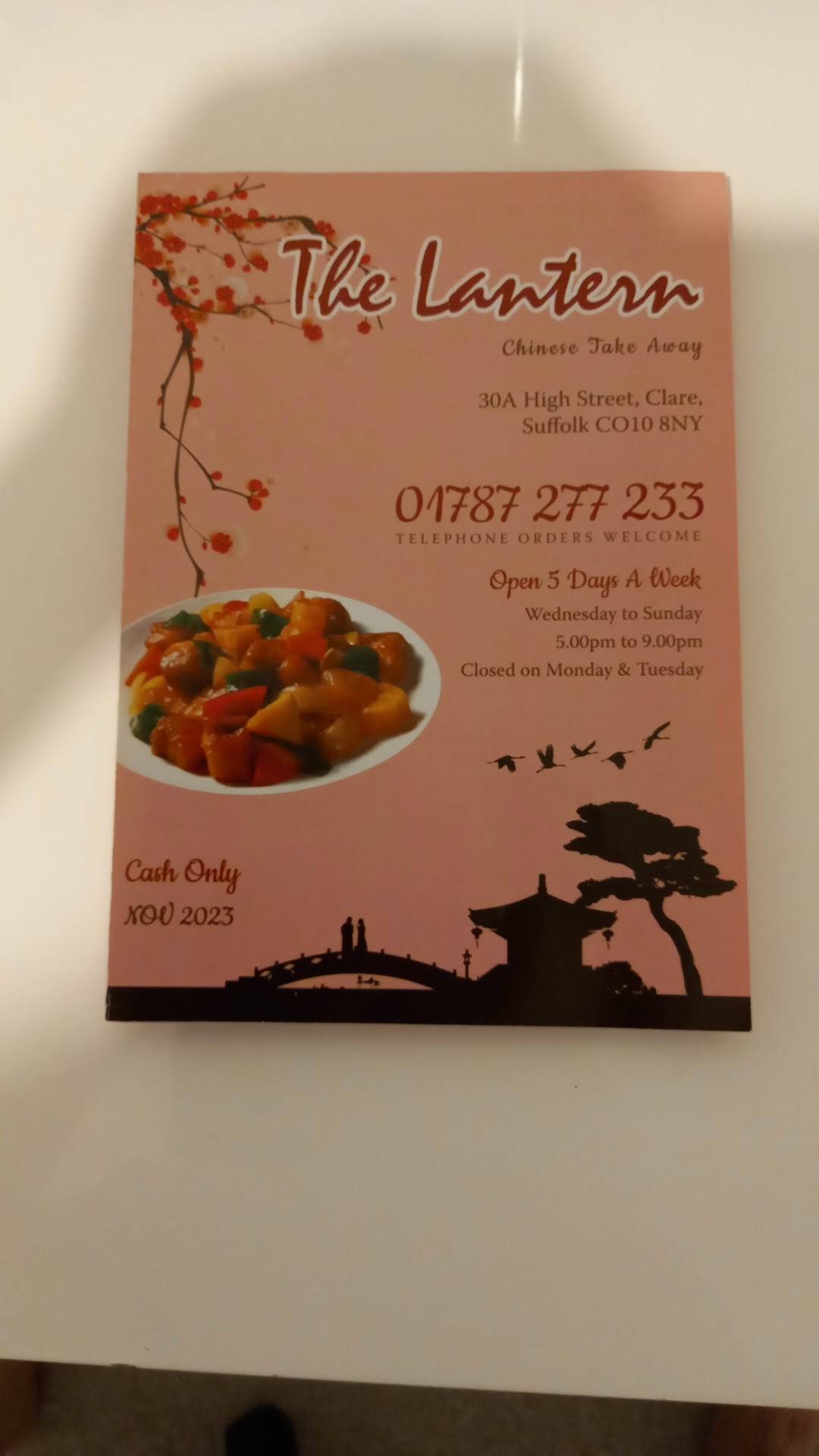 Menu at The Lantern restaurant, Clare
