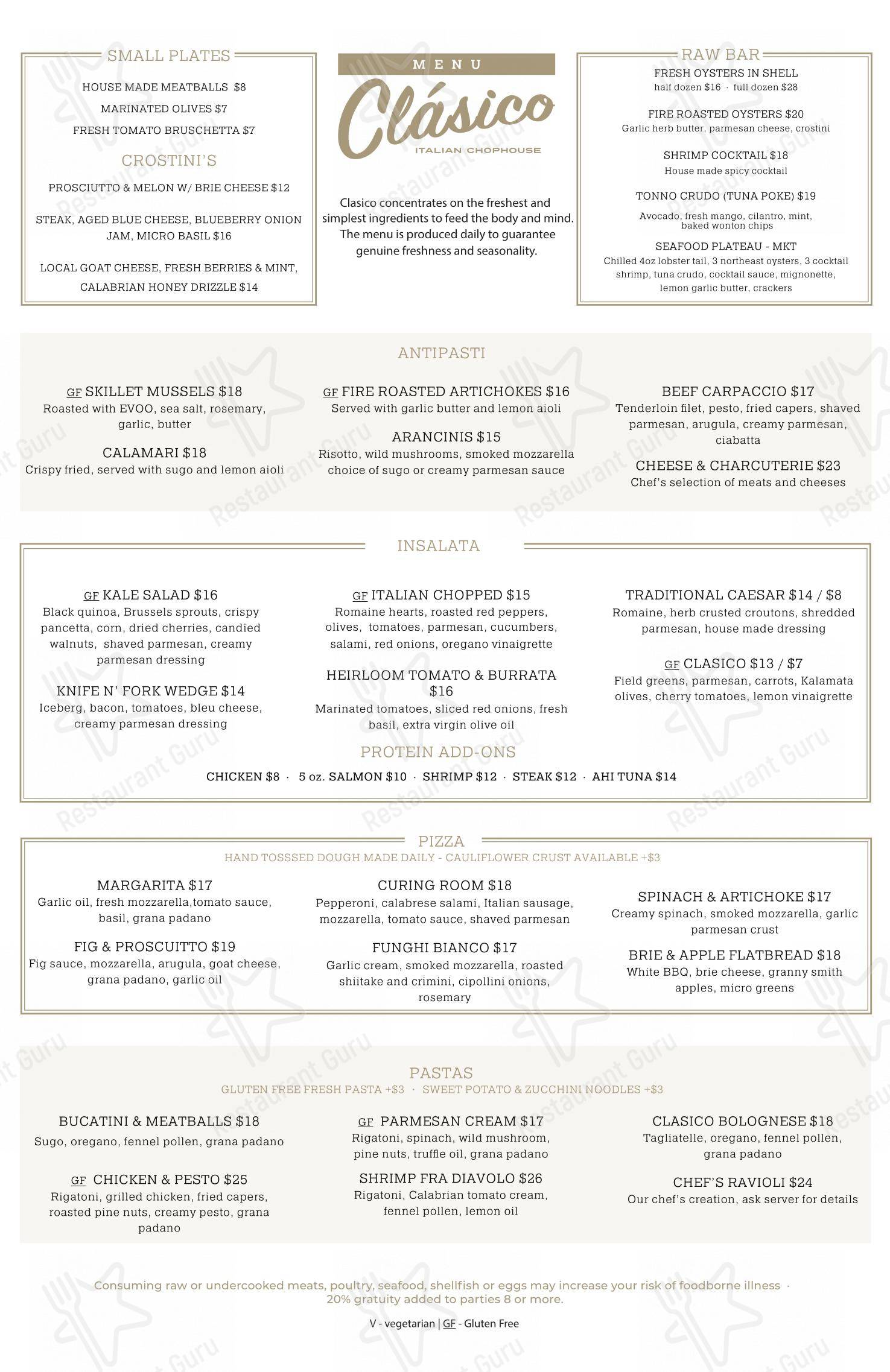 Menu at Clasico Italian Chophouse pub & bar, Sarasota