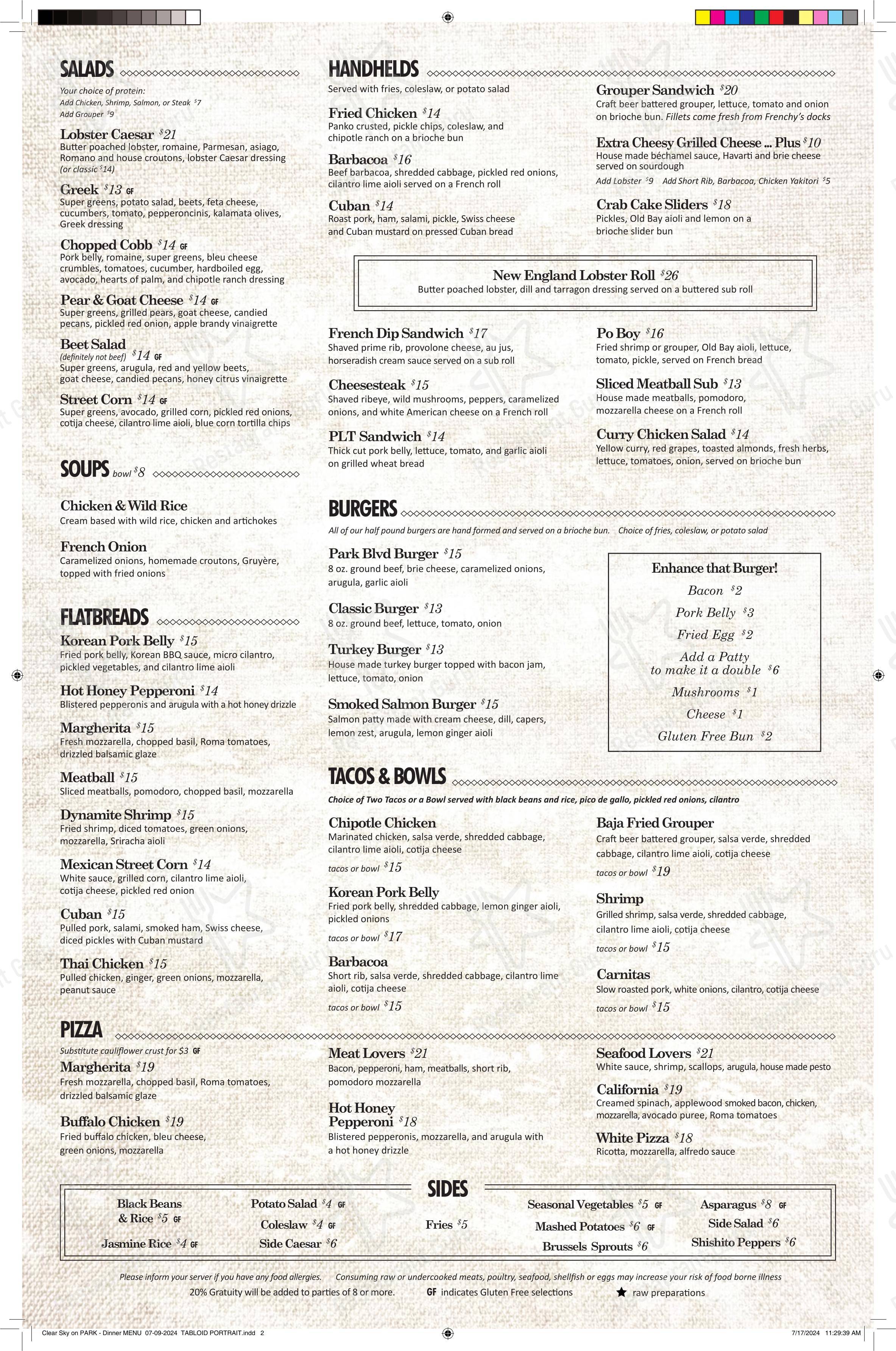 Menu at Clear Sky on Park pub & bar, Seminole