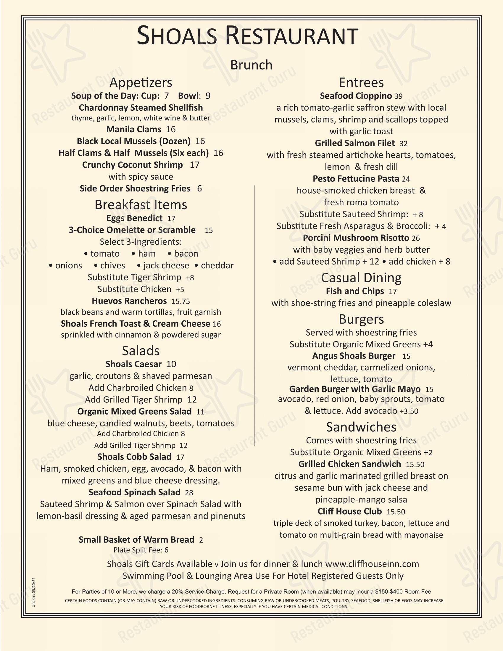 Menu at Cliff House Inn and Shoals Restaurant, Mussel Shoals