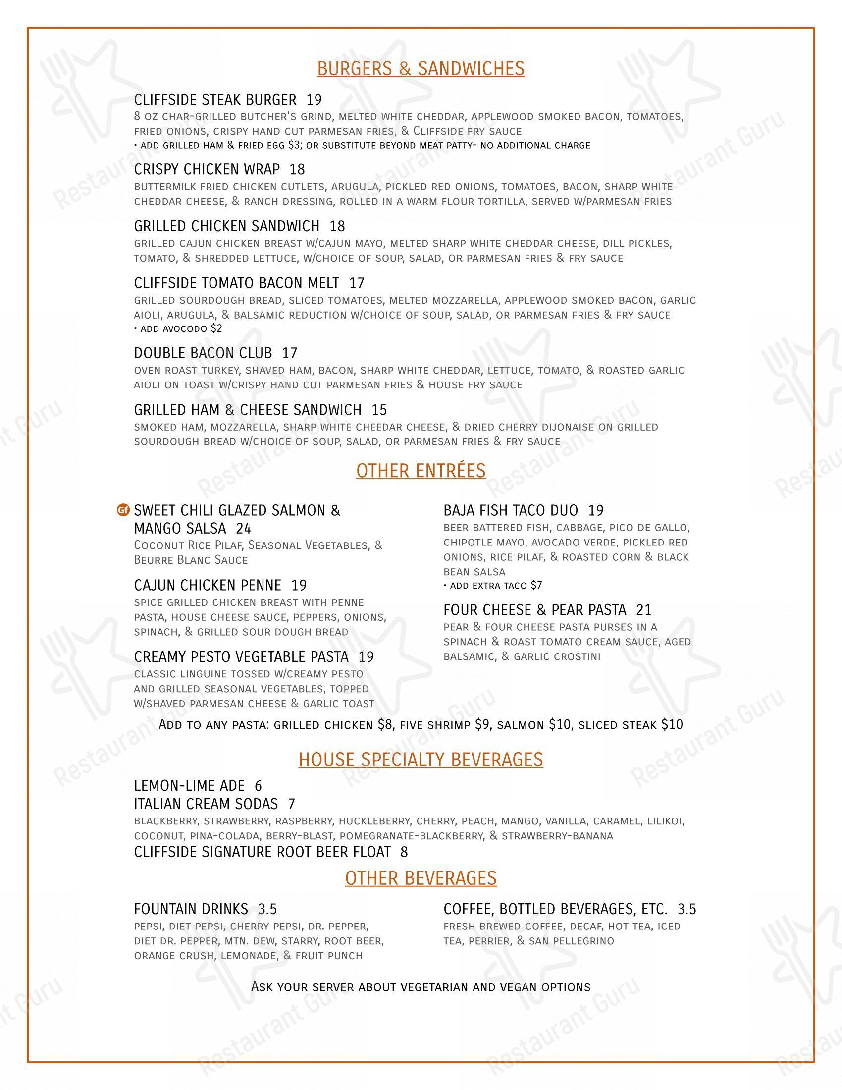 Menu at Cliffside Restaurant, St. George
