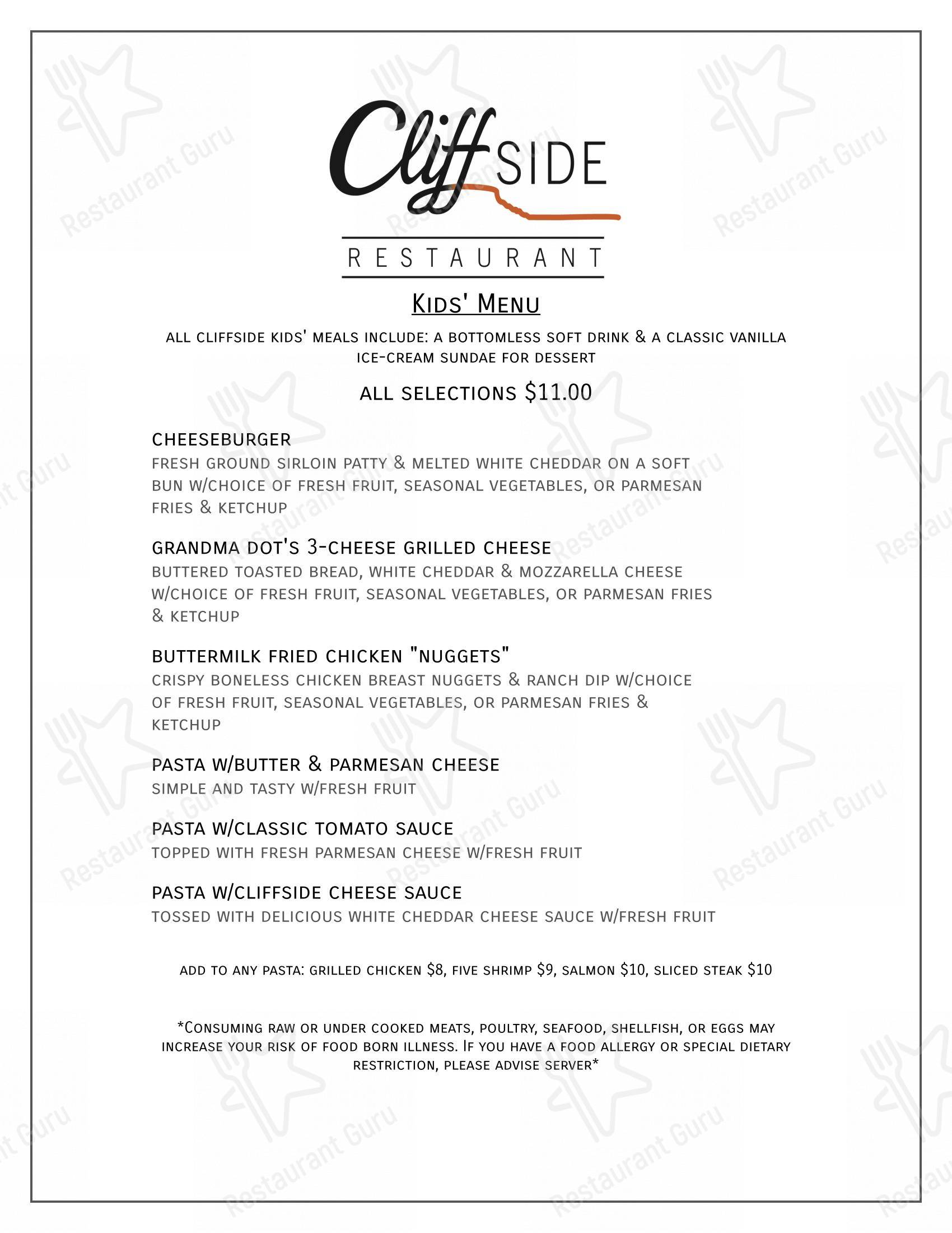 Menu at Cliffside Restaurant, St. George